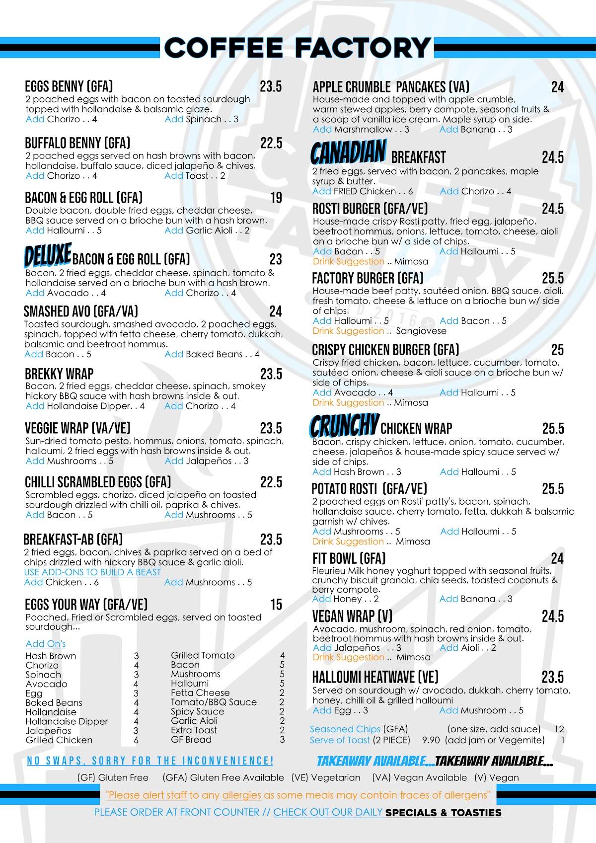 Menu at Coffee Factory Cafe, Port Noarlunga