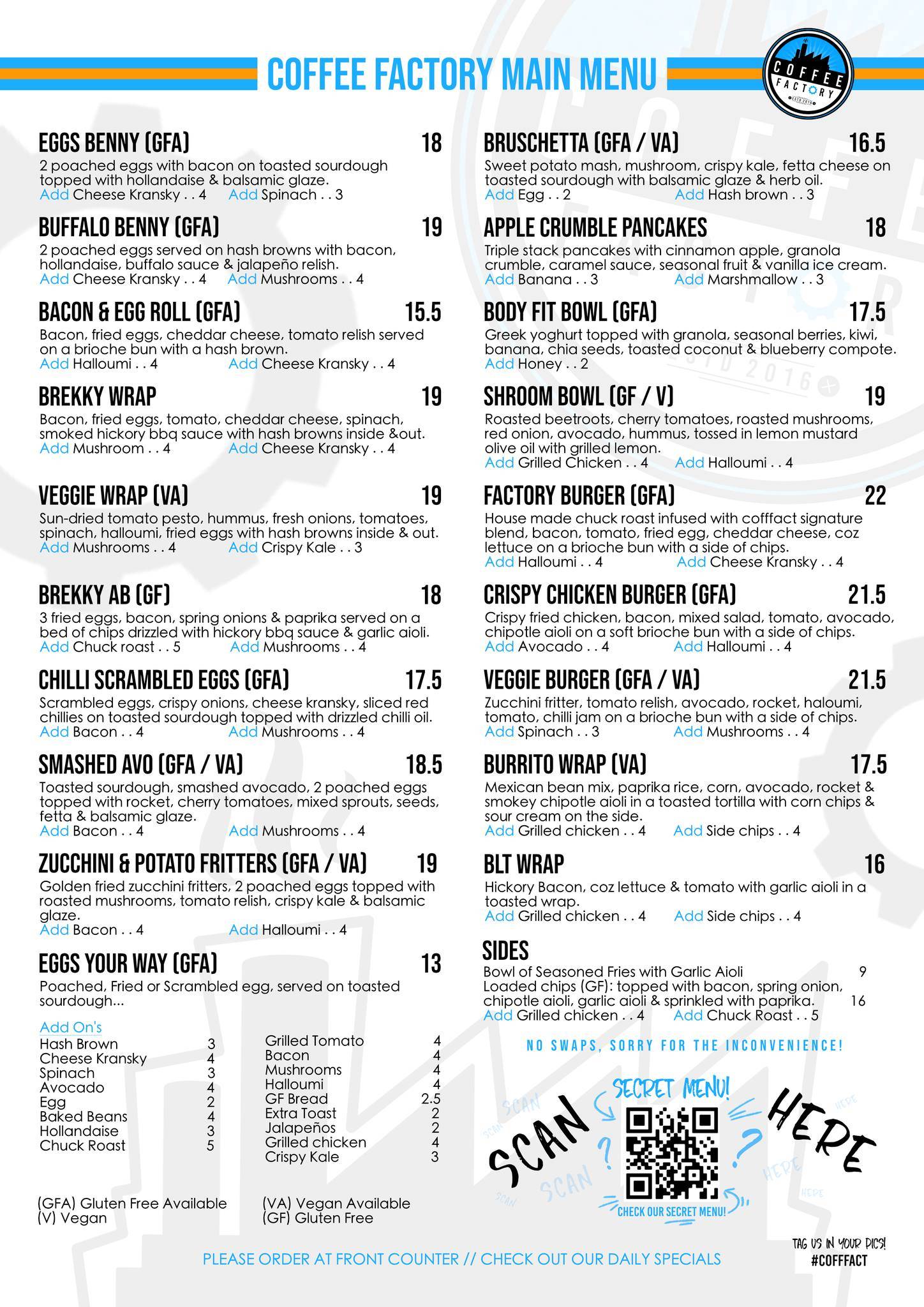 Menu at Coffee Factory Cafe, Port Noarlunga