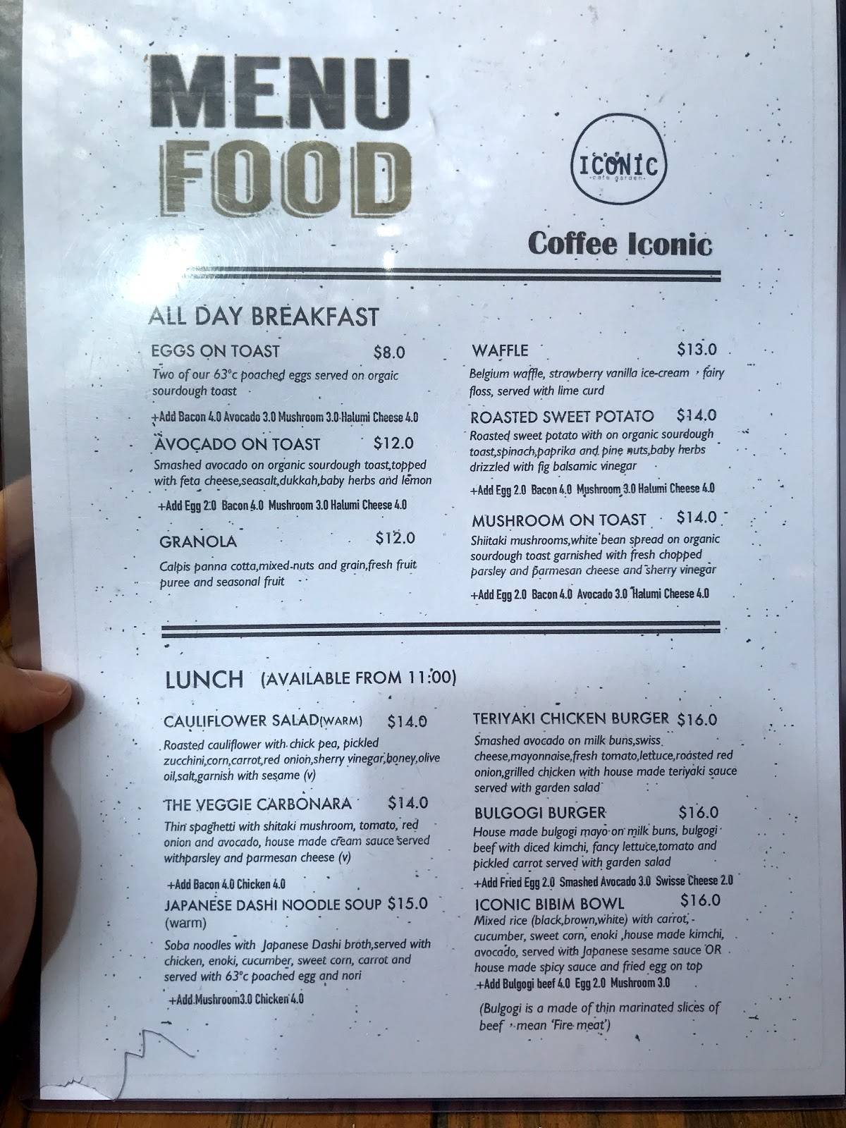Menu at Coffee Iconic cafe, Brisbane City