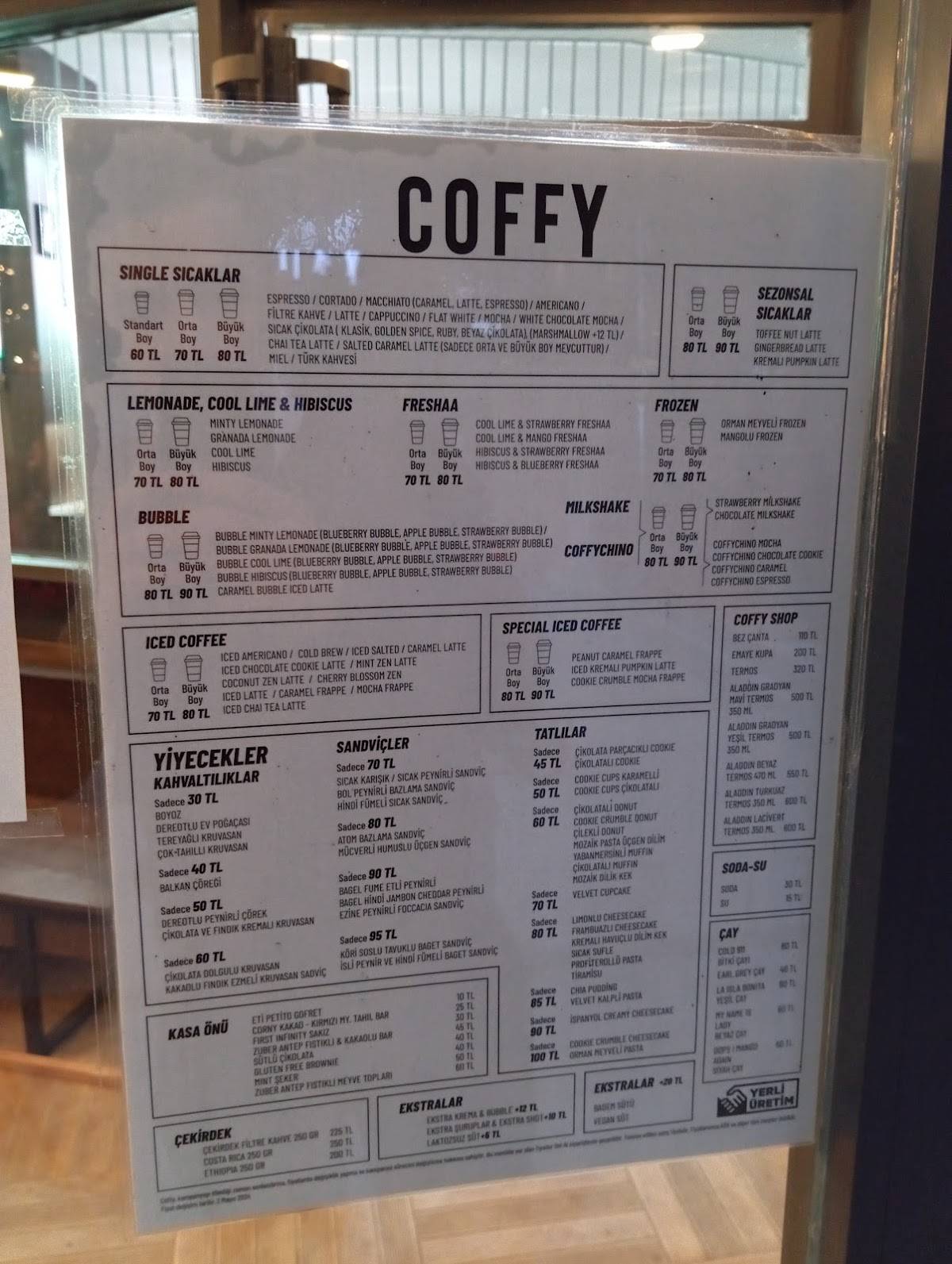 Menu at Coffy Metropark, Istanbul