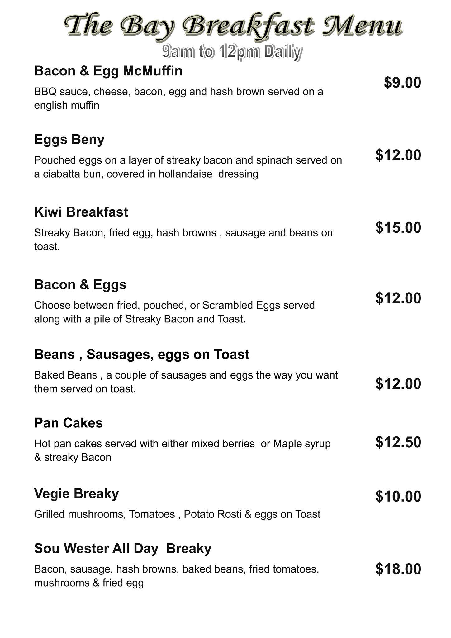 Menu at Colac Bay Tavern & Camping Ground pub & bar, Colac Bay