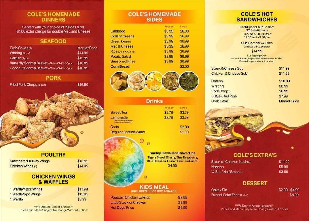 Menu at Cole’s Soulfood restaurant, Charlotte Hall