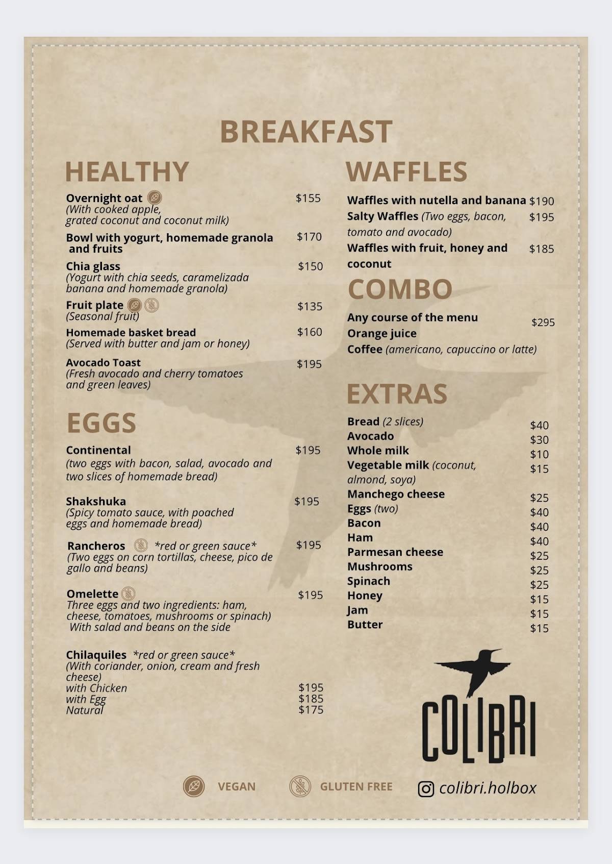 Menu at Colibrí Holbox restaurant, Holbox