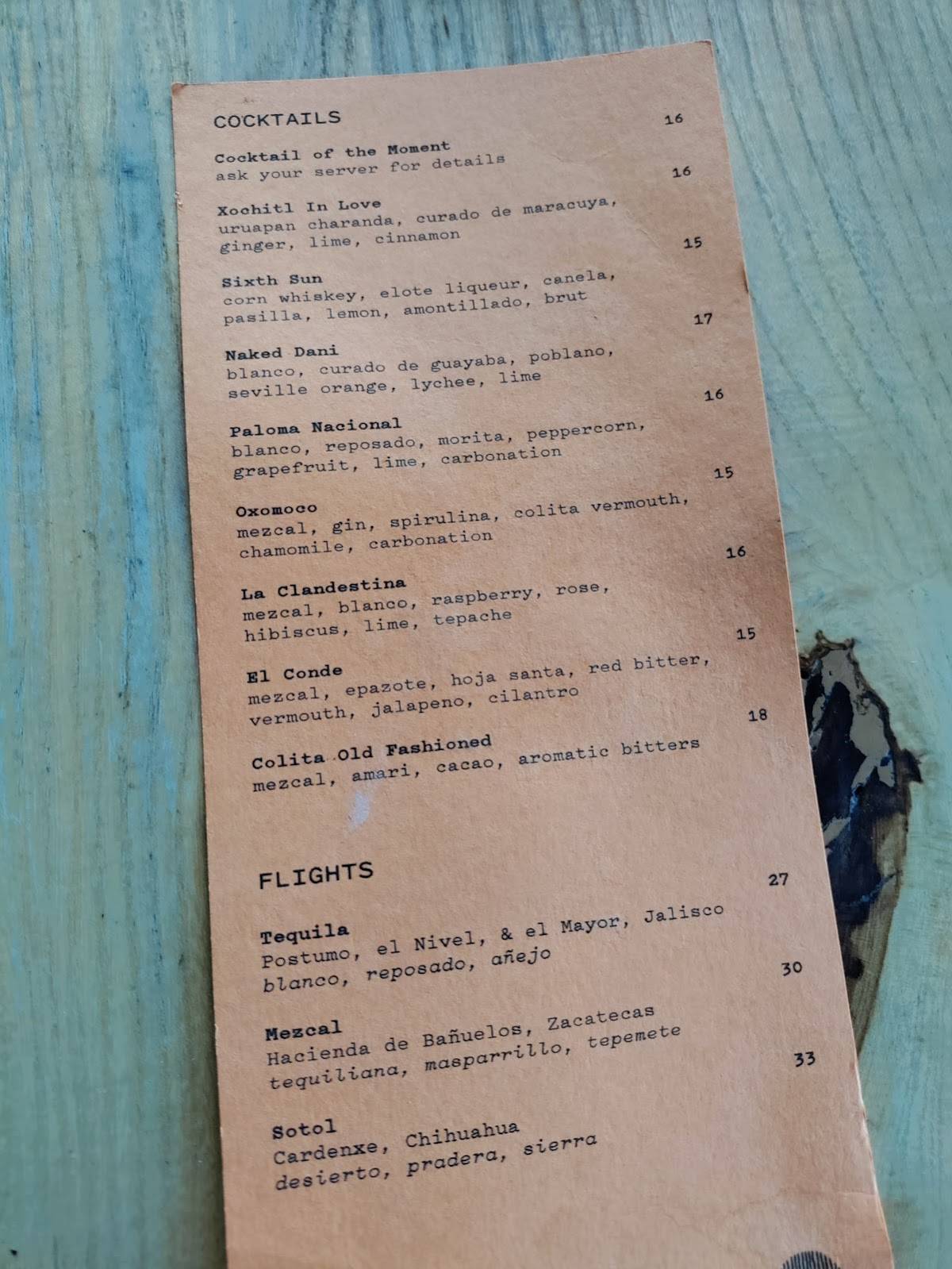 Menu at Colita restaurant, Minneapolis