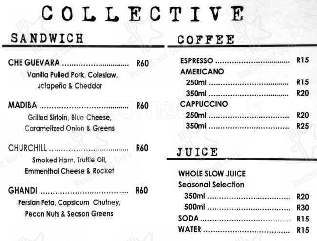 Menu at Collective cafe, Johannesburg, 27 Boxes
