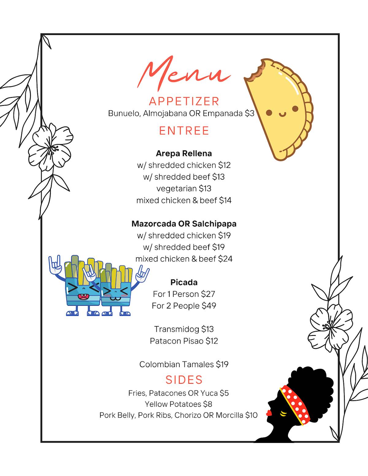 Menu at Colombia Parce fast food, Los Angeles