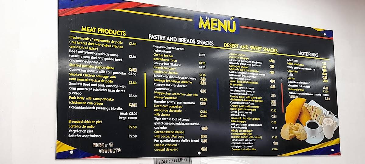 Menu at Colombian Bakery, London