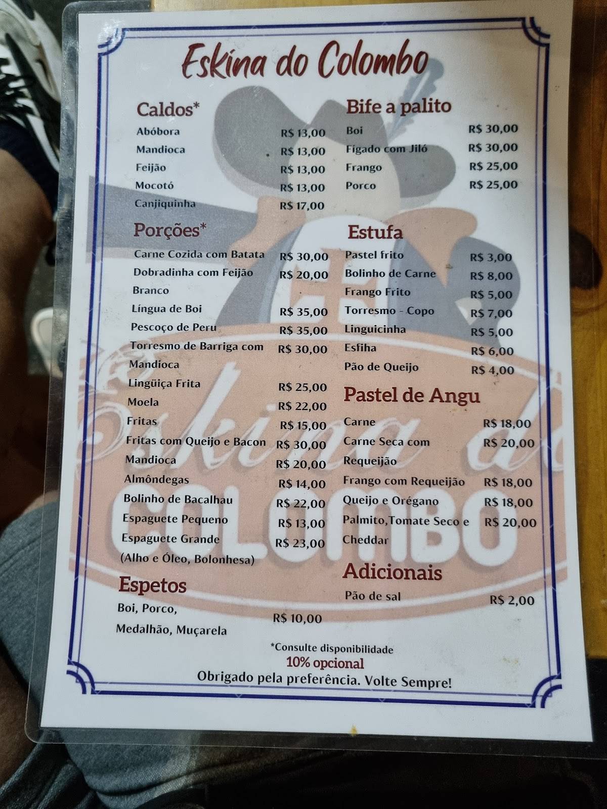 Menu at Colombo restaurant, Belo Horizonte