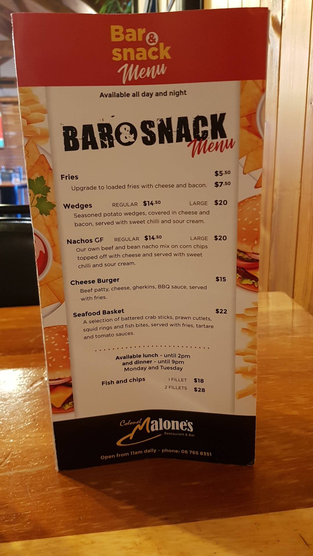 Menu at Colonel Malone's Restaurant & Bar, Stratford