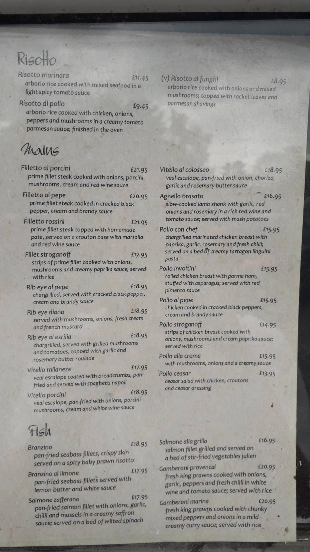 Menu at Colosseo restaurant, Birch Vale