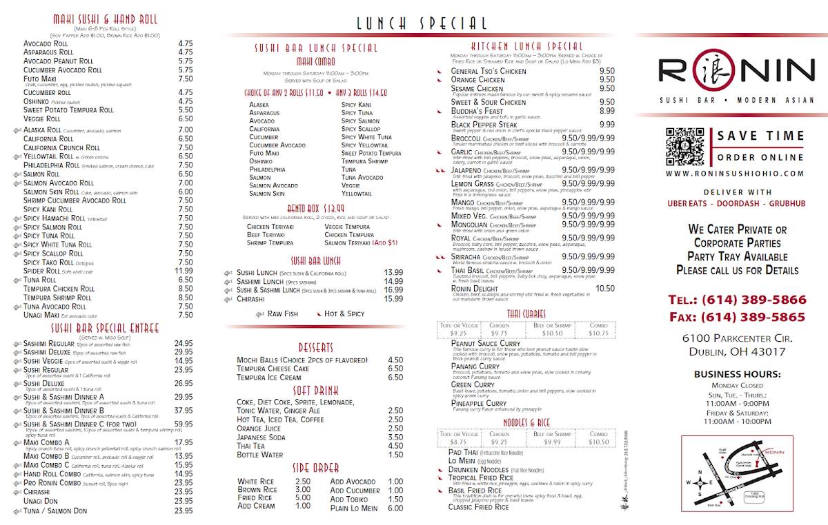 Menu at Ronin Restaurant, Dublin