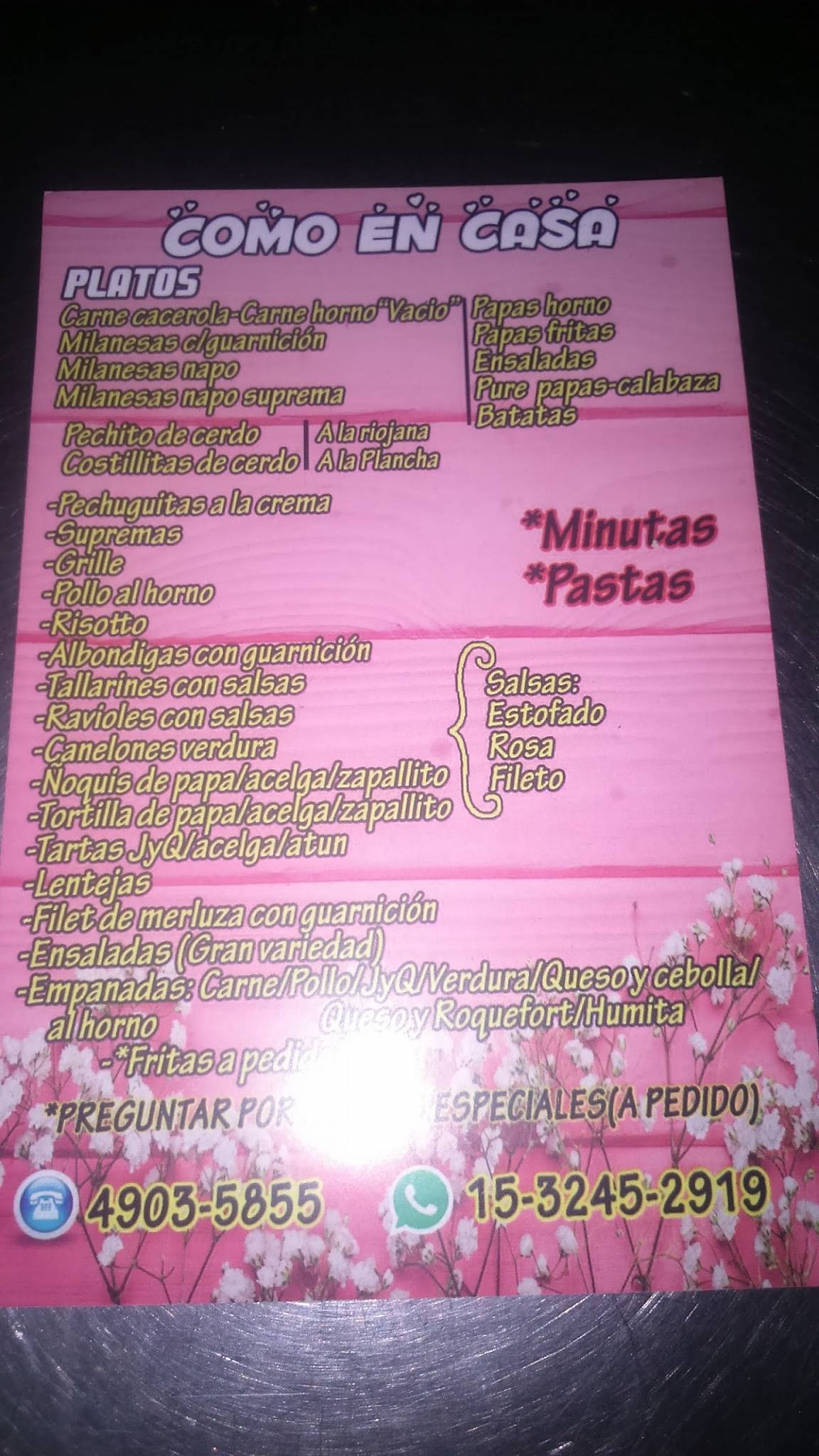 Carta del restaurante Como En Casa Comidas Caseras, Buenos Aires