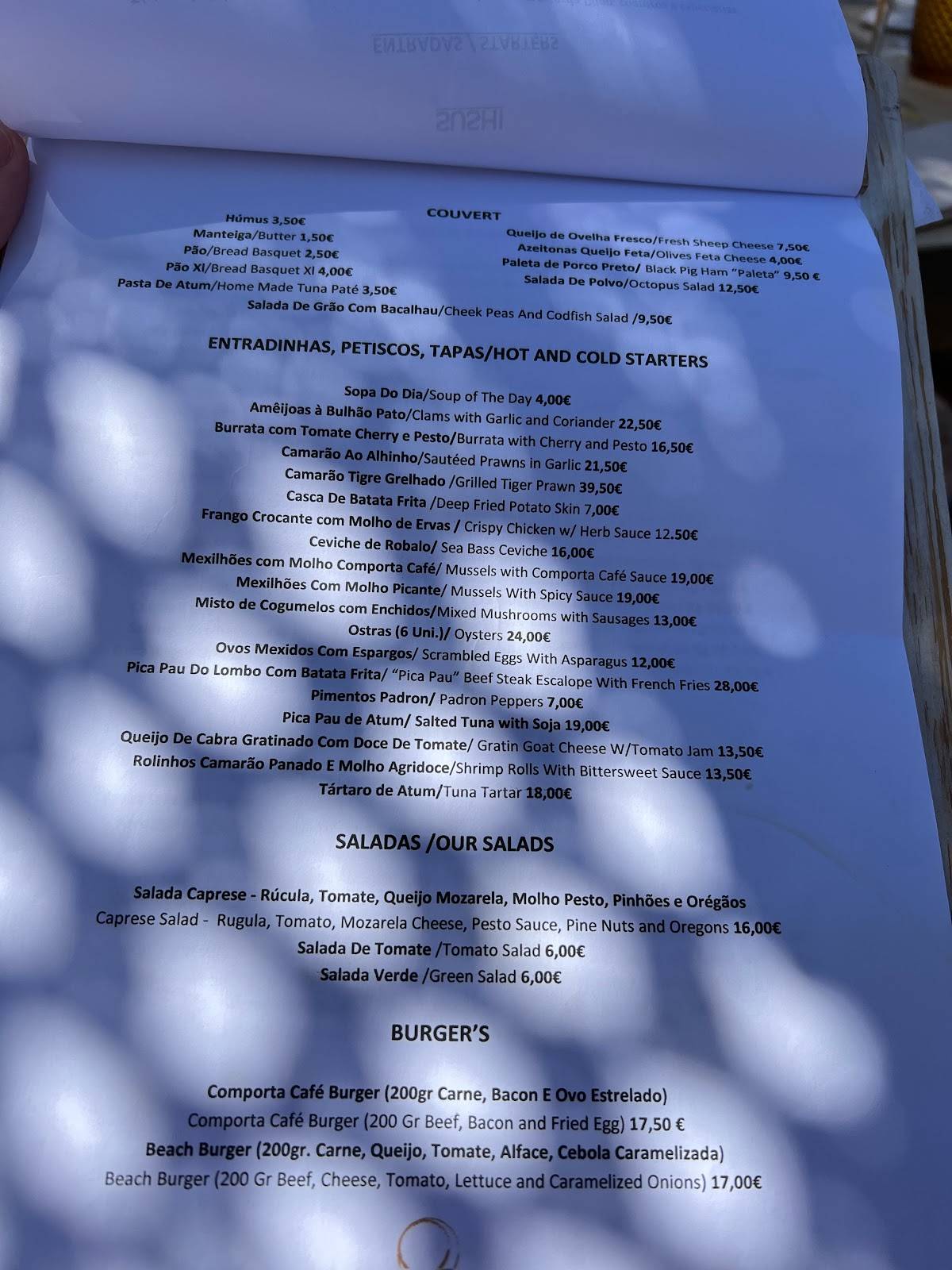Menu em Comporta Café, Comporta