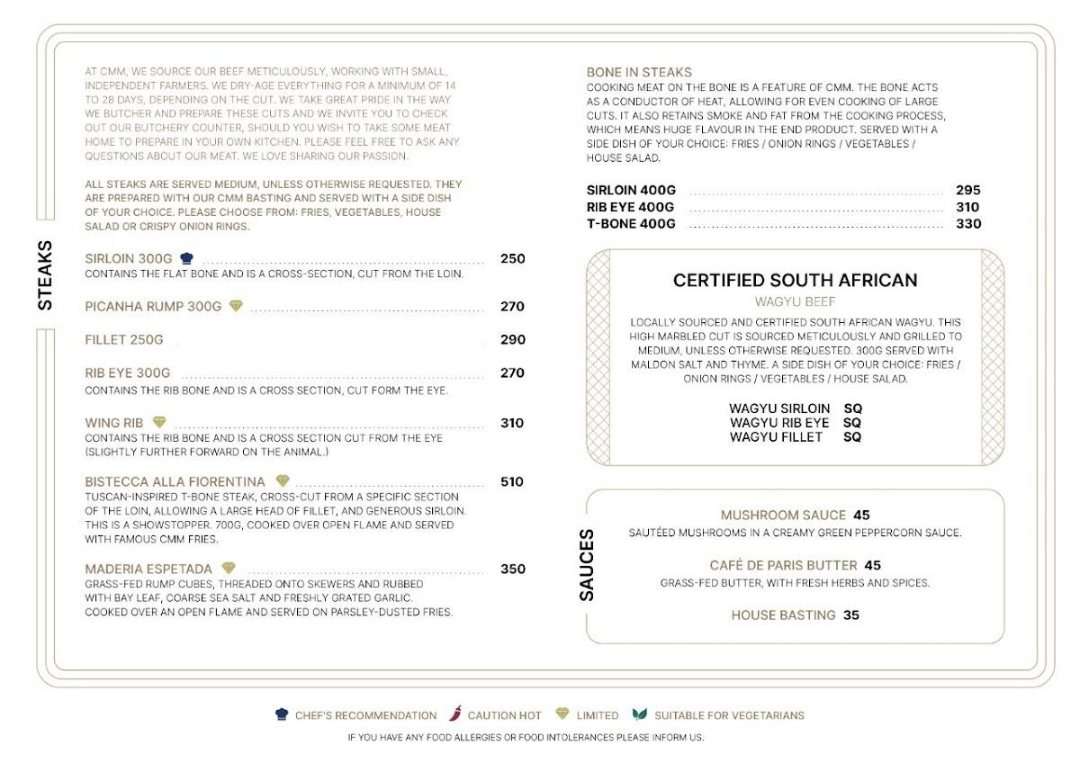 Menu at Conscious Carnivores restaurant, Cape Town