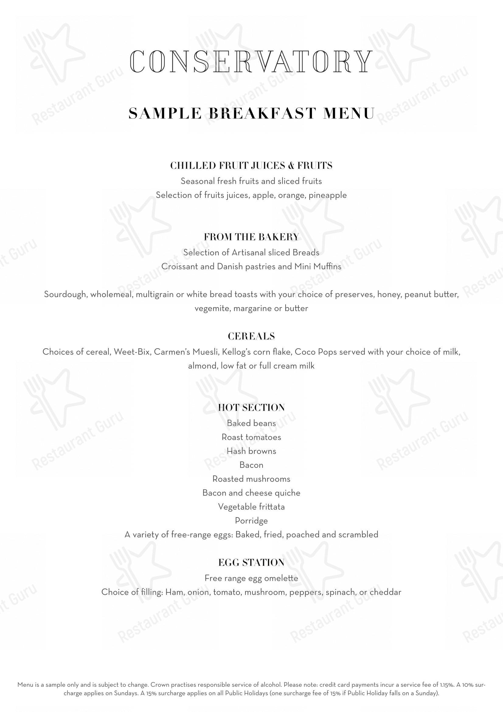 Menu at Conservatory restaurant, Southbank, Crown Melbourne