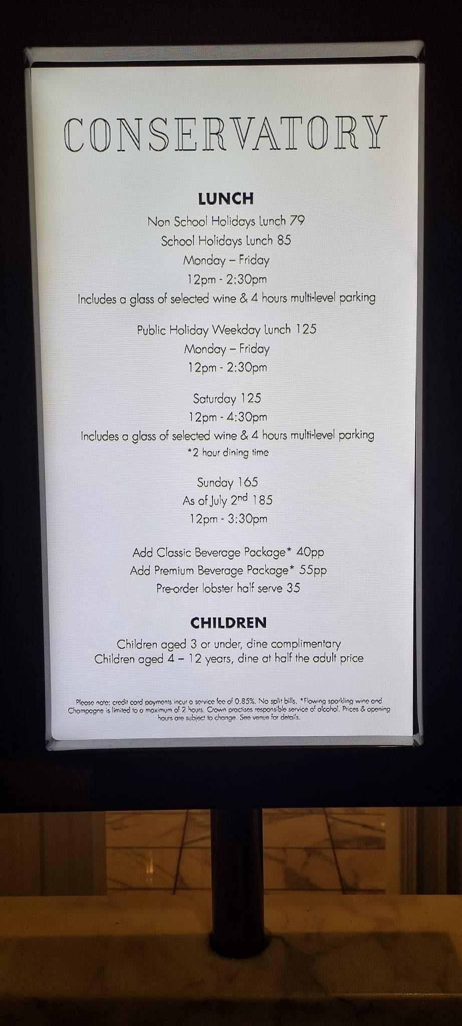 Menu at Conservatory restaurant, Southbank, Crown Melbourne