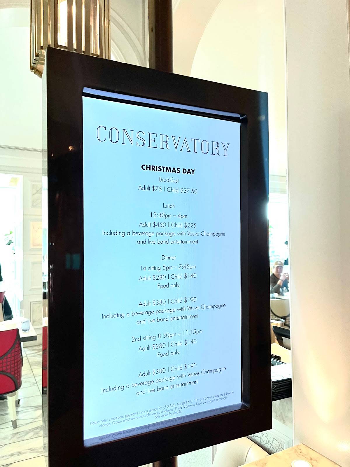 Menu at Conservatory restaurant, Southbank, Crown Melbourne