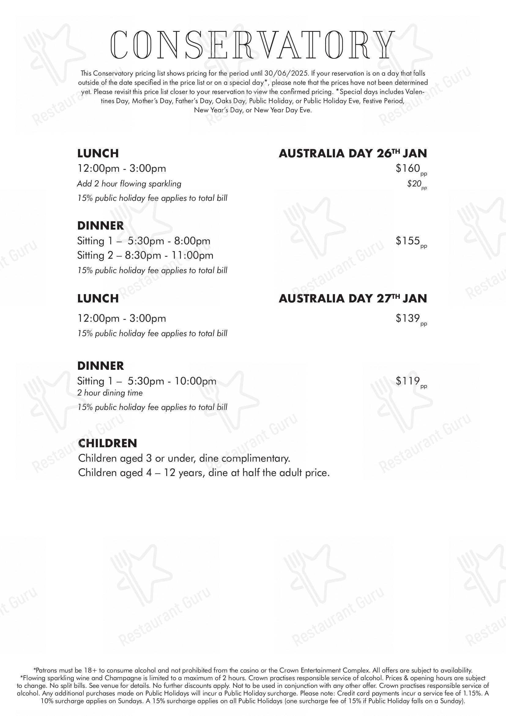 Menu at Conservatory restaurant, Southbank, Crown Melbourne