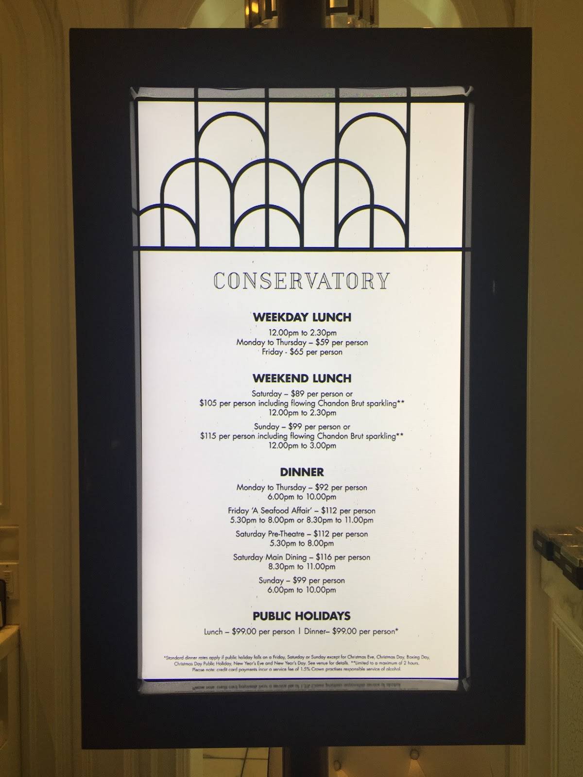 Menu at Conservatory restaurant, Southbank, Crown Melbourne