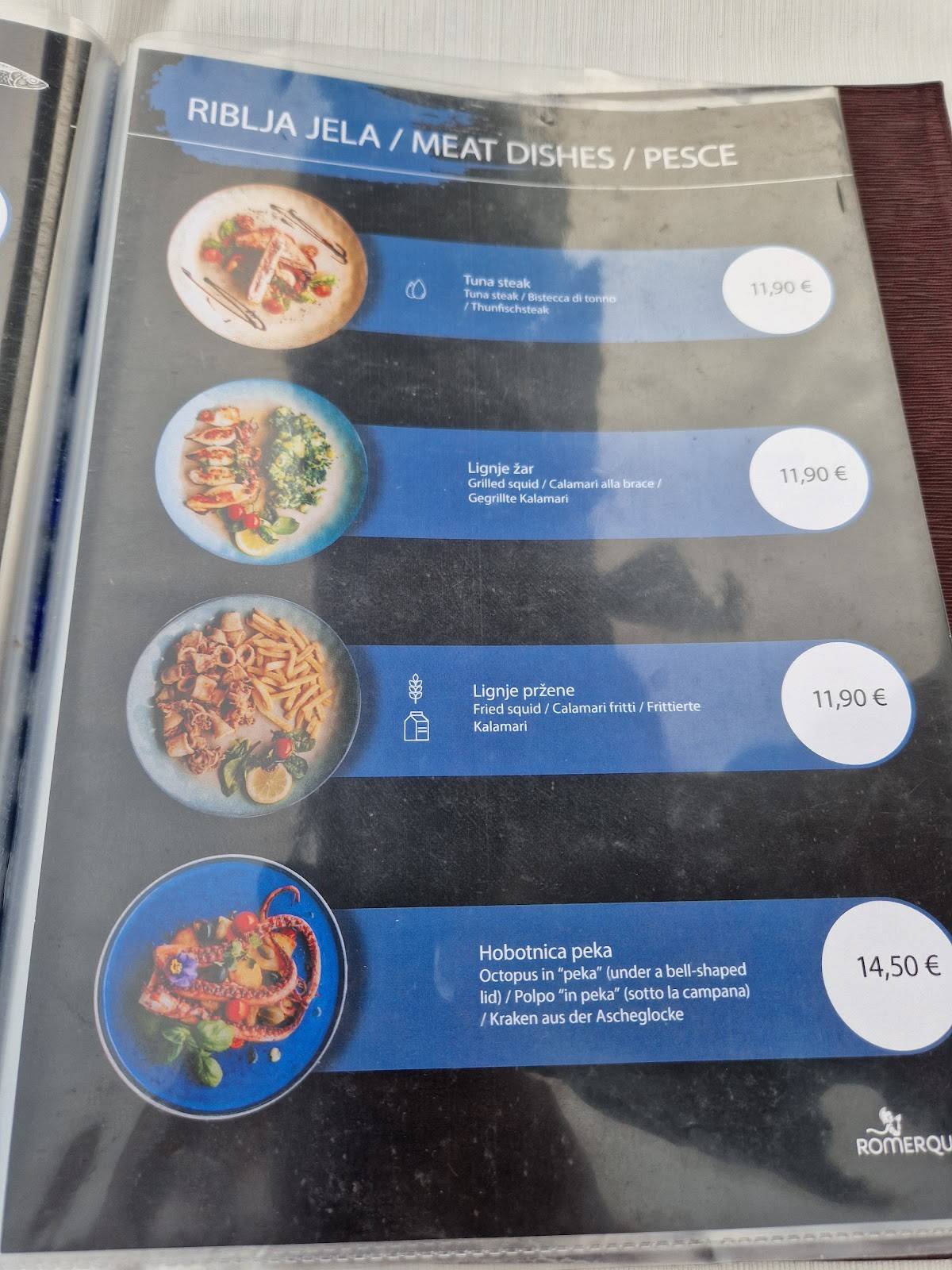 Menu au Copacabana restaurant Rovinj, Rovinj