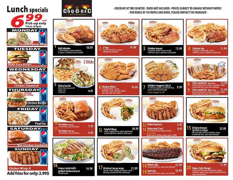 Menu at Coq-O-Bec The Chicken Rotisserie restaurant, Gananoque