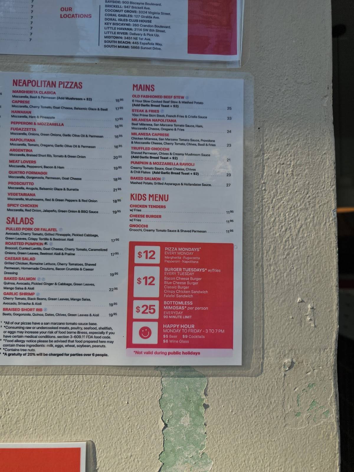 Carta de pizzería CRAFT Coral Gables, Coral Gables