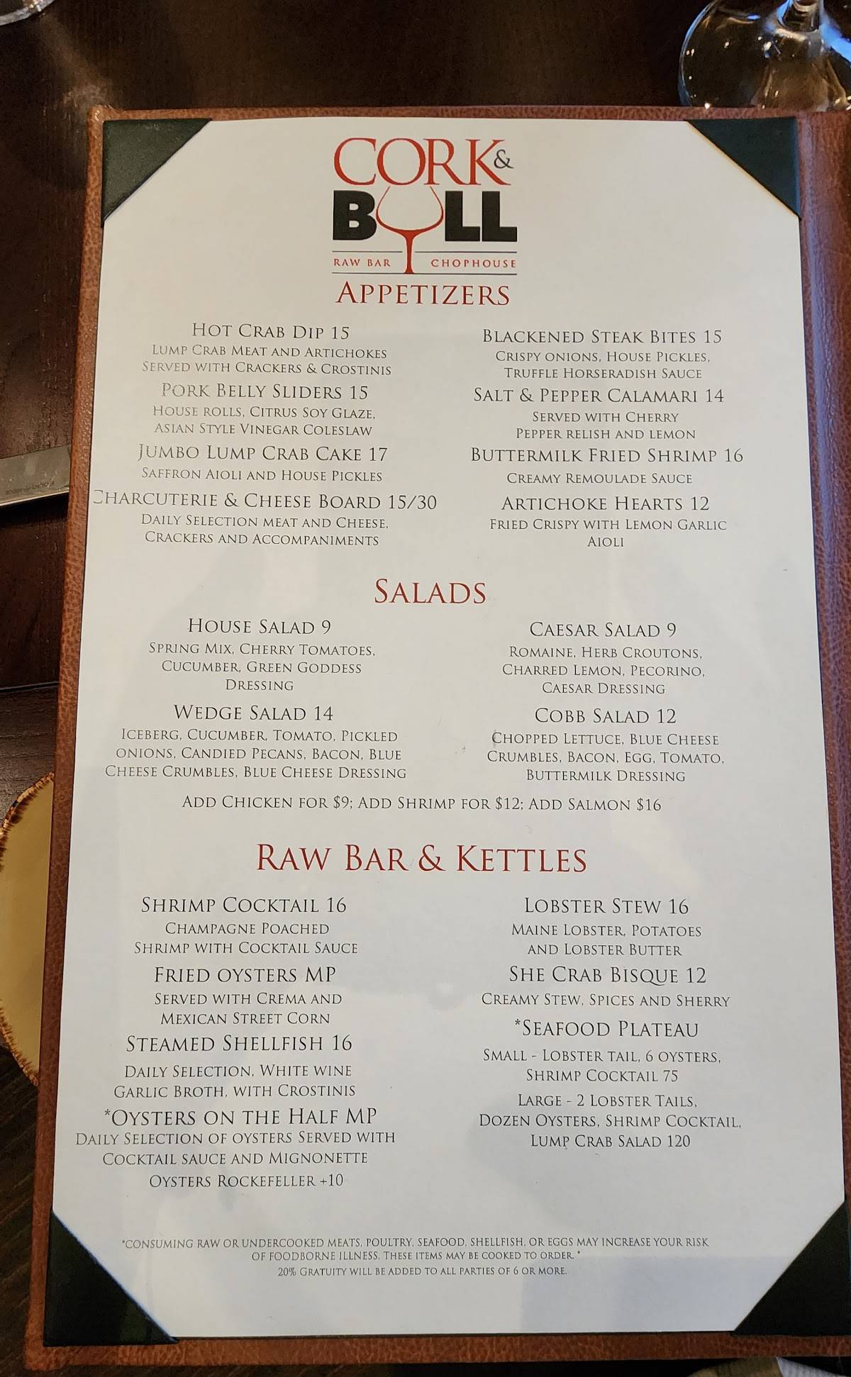 Menu at Cork & Bull Chophouse restaurant, Chesapeake