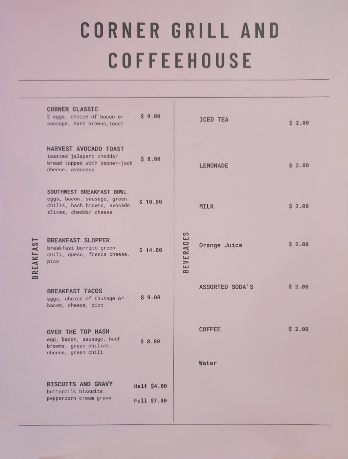 Menu at Corner Grill and Coffeehouse restaurant, Center