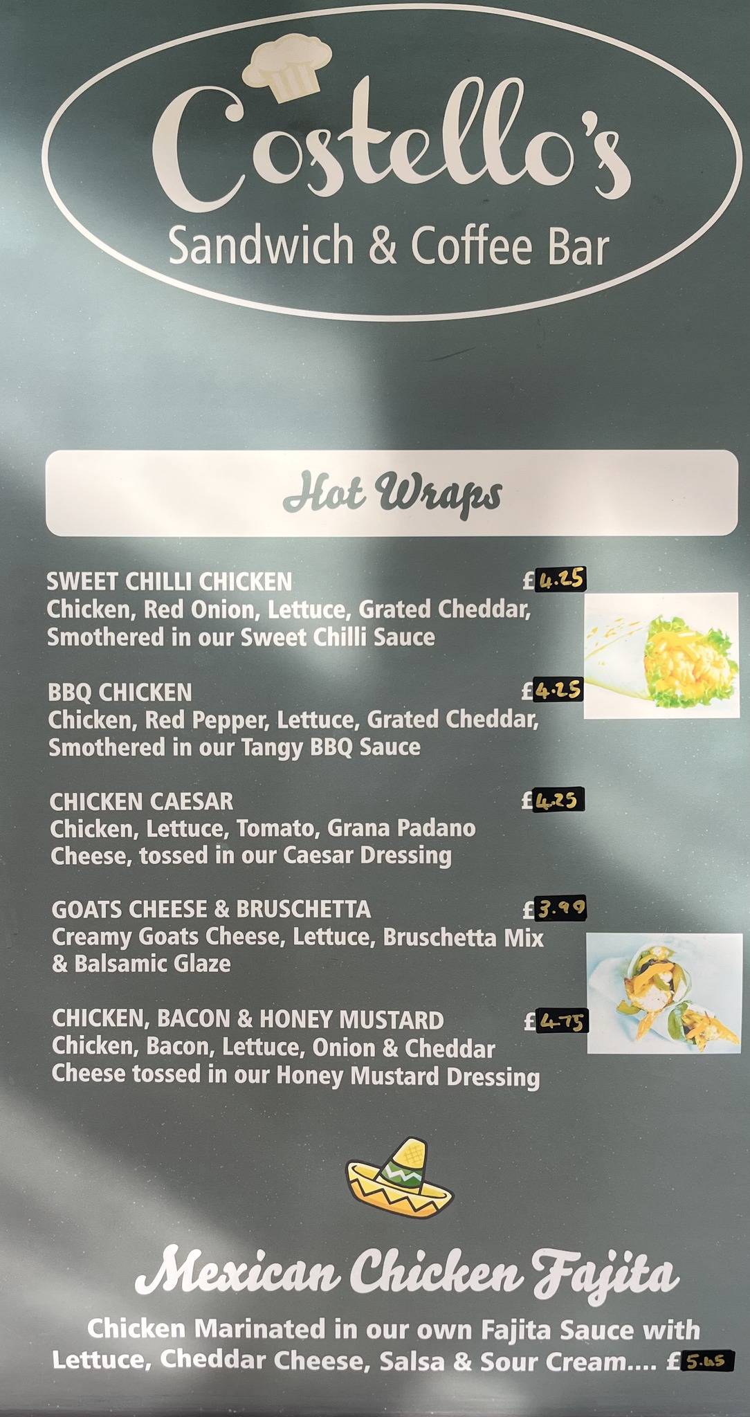 Menu at Costello's Sandwich Bar, Blackpool