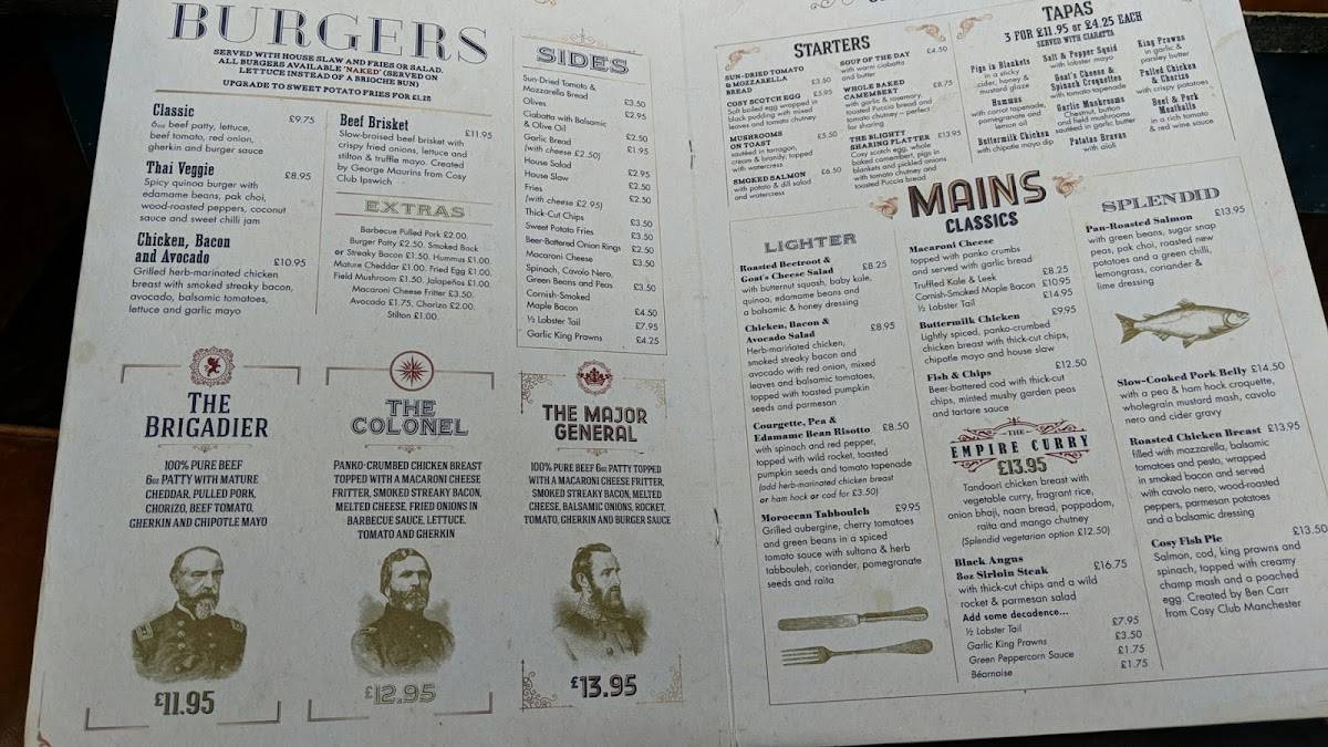 Menu at Cosy Club, Derby