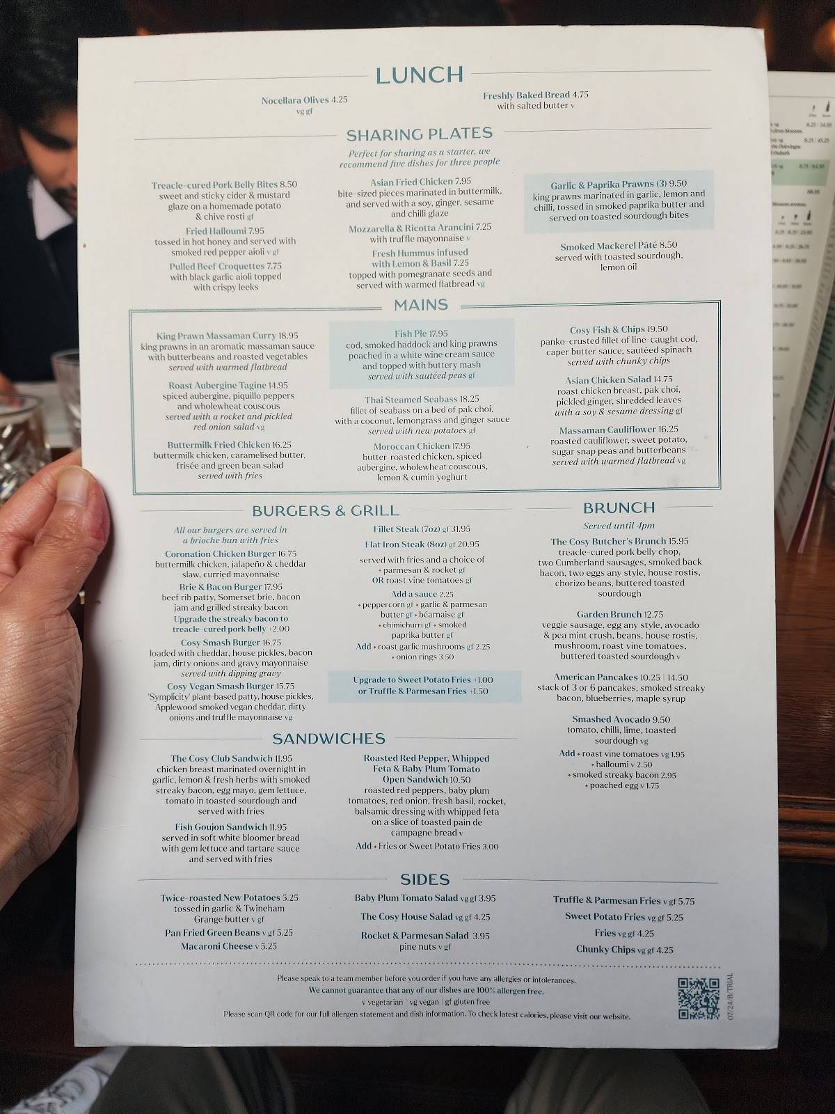 Menu at Cosy Club, Birmingham, 33 Bennetts Hill