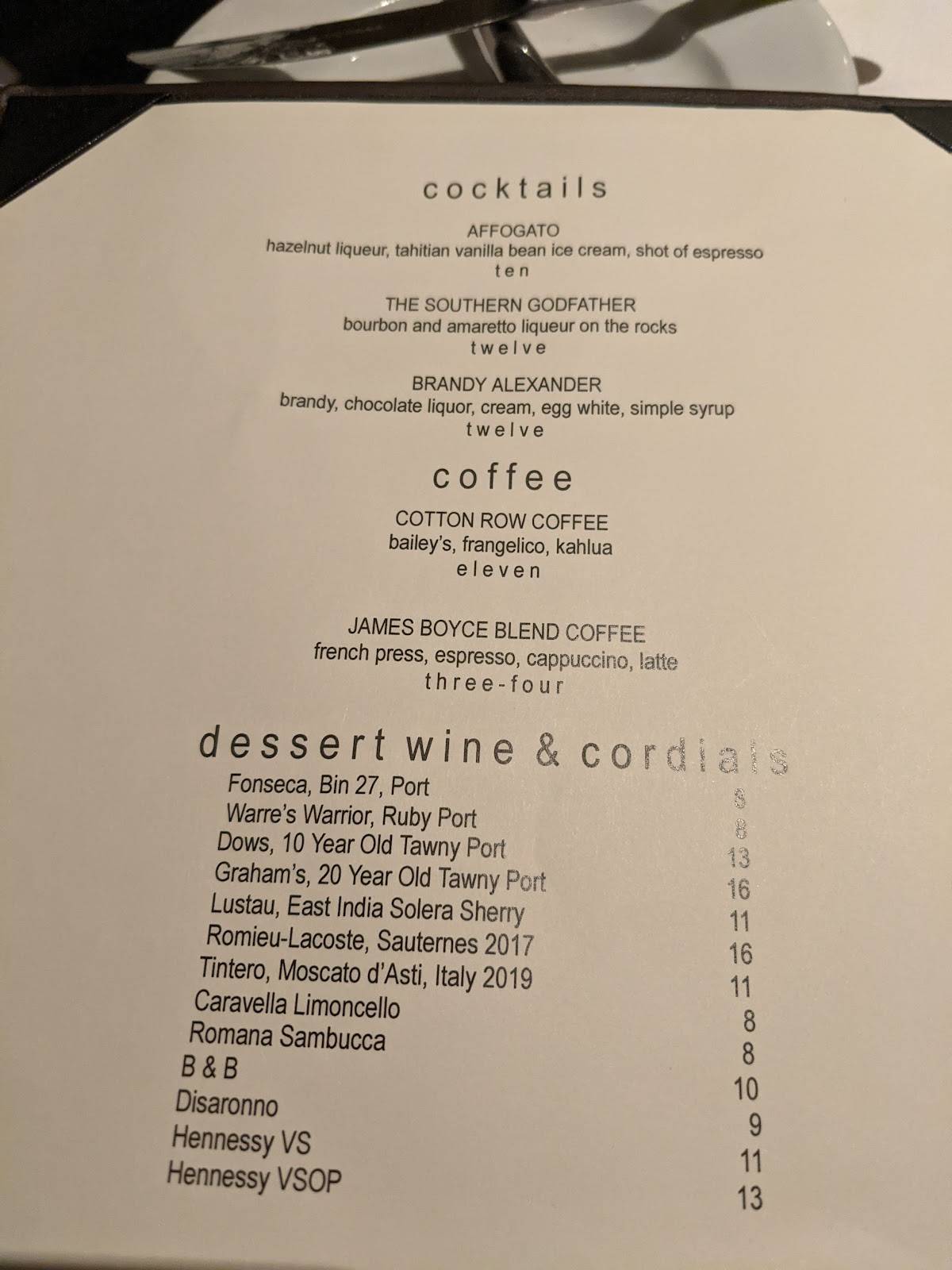 Menu at Cotton Row restaurant, Huntsville