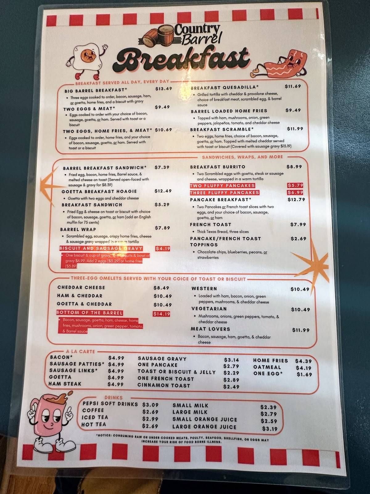 Menu at Country Barrel Restaurant, Okeana, Cincinnati Brookville Rd
