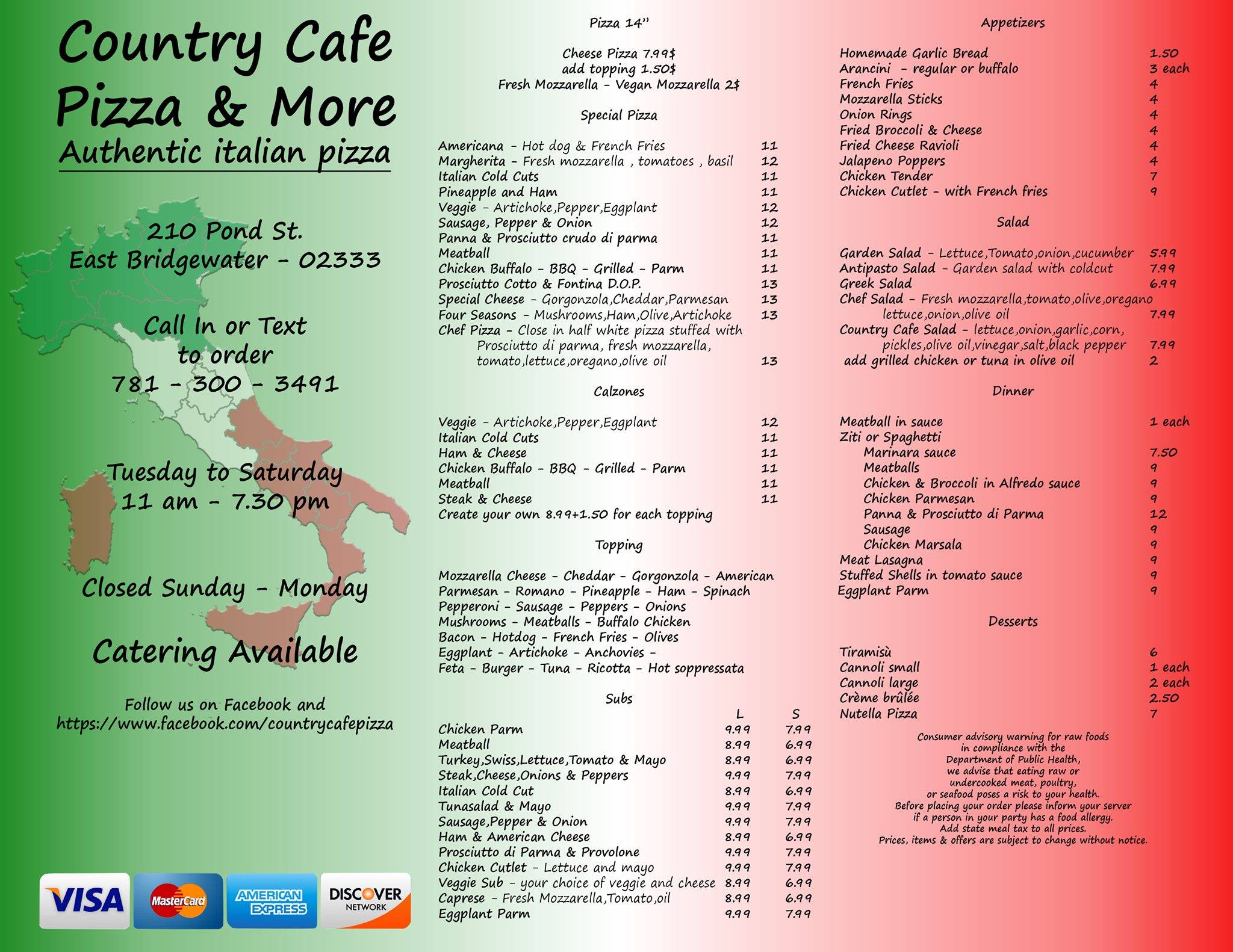 Menu at Sophie's Italian Food restaurant, East Bridgewater