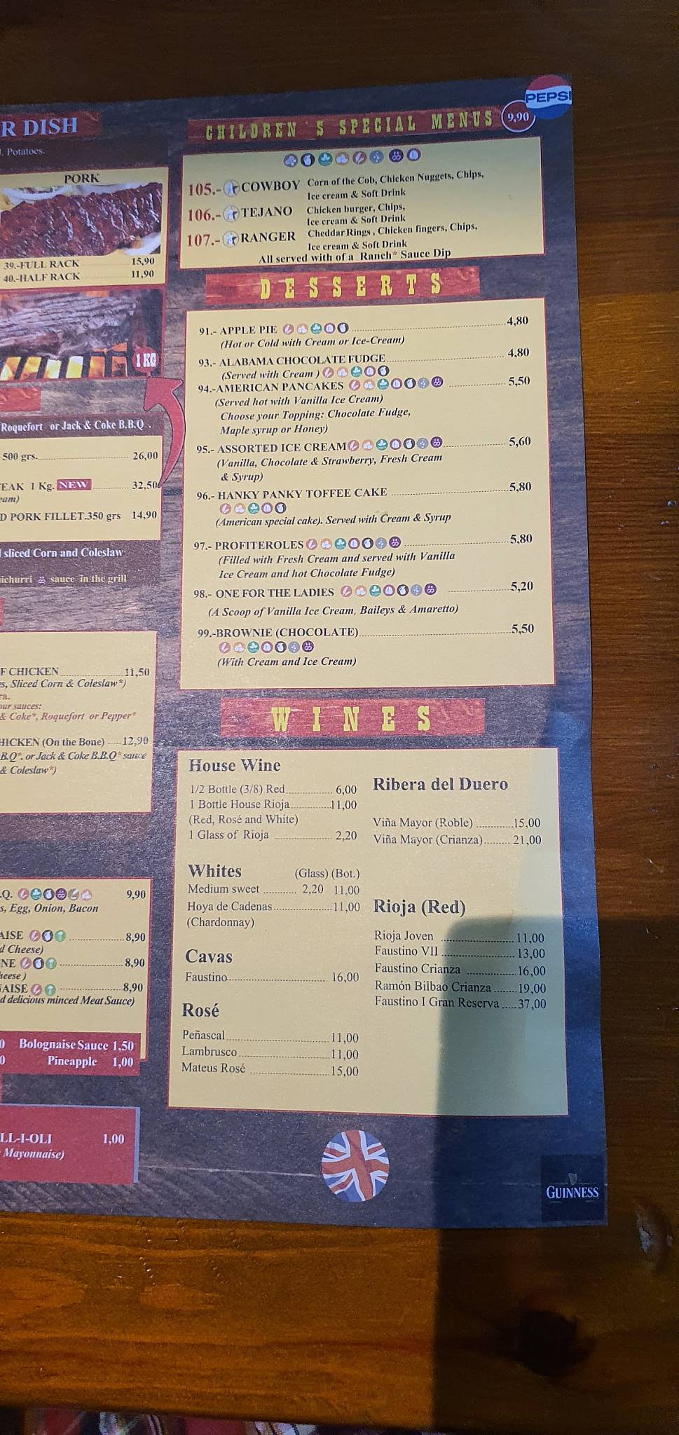 Menu at Country Ribs restaurant, Benidorm, C. Derramador