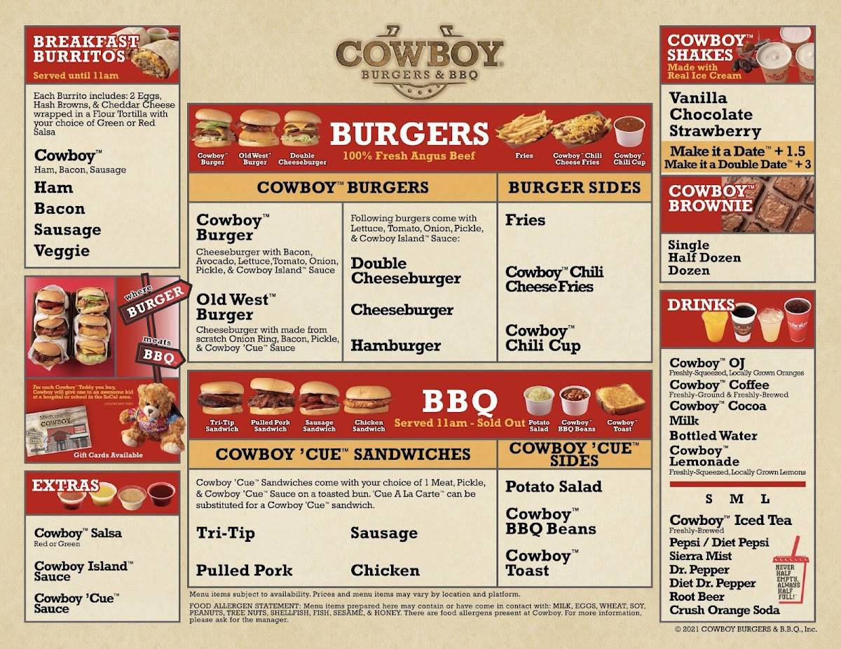 Menu at Cowboy Burgers & BBQ, Riverside