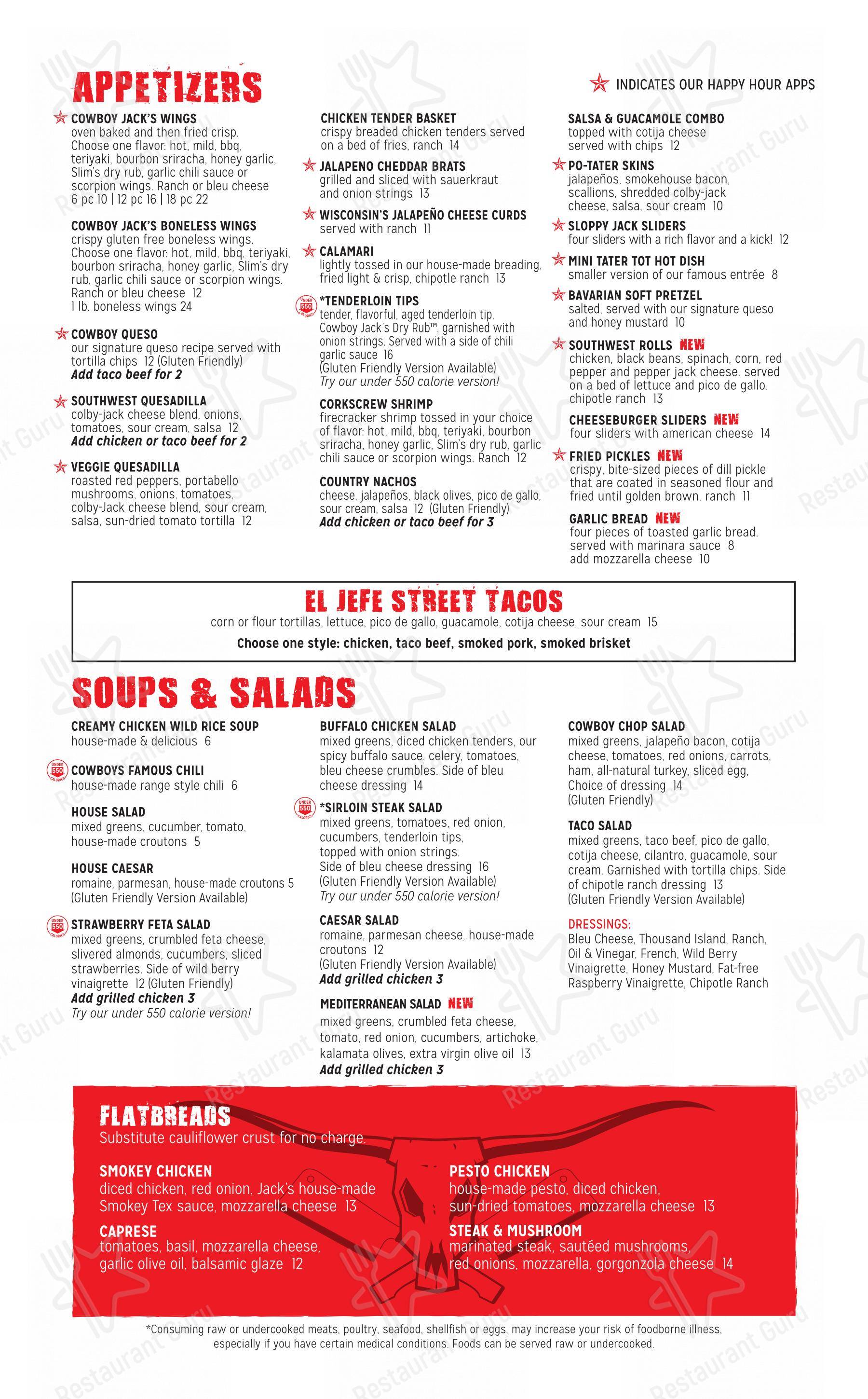 Menu at Cowboy Jack's pub & bar, Apple Valley