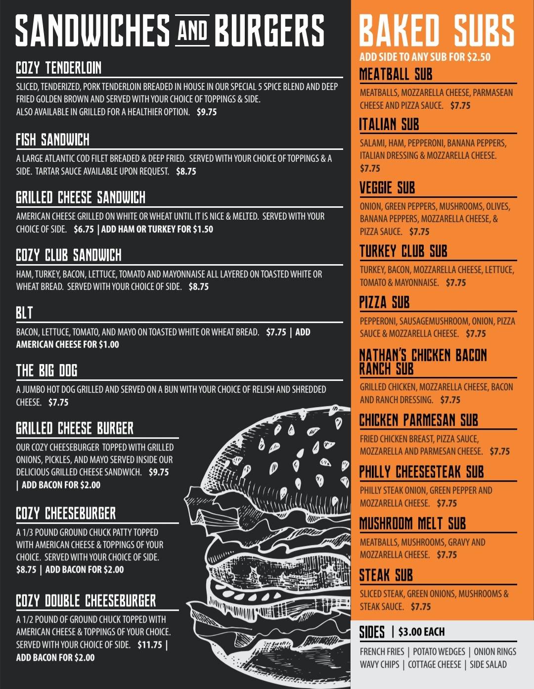 Menu at Cozy Lounge restaurant, Columbus