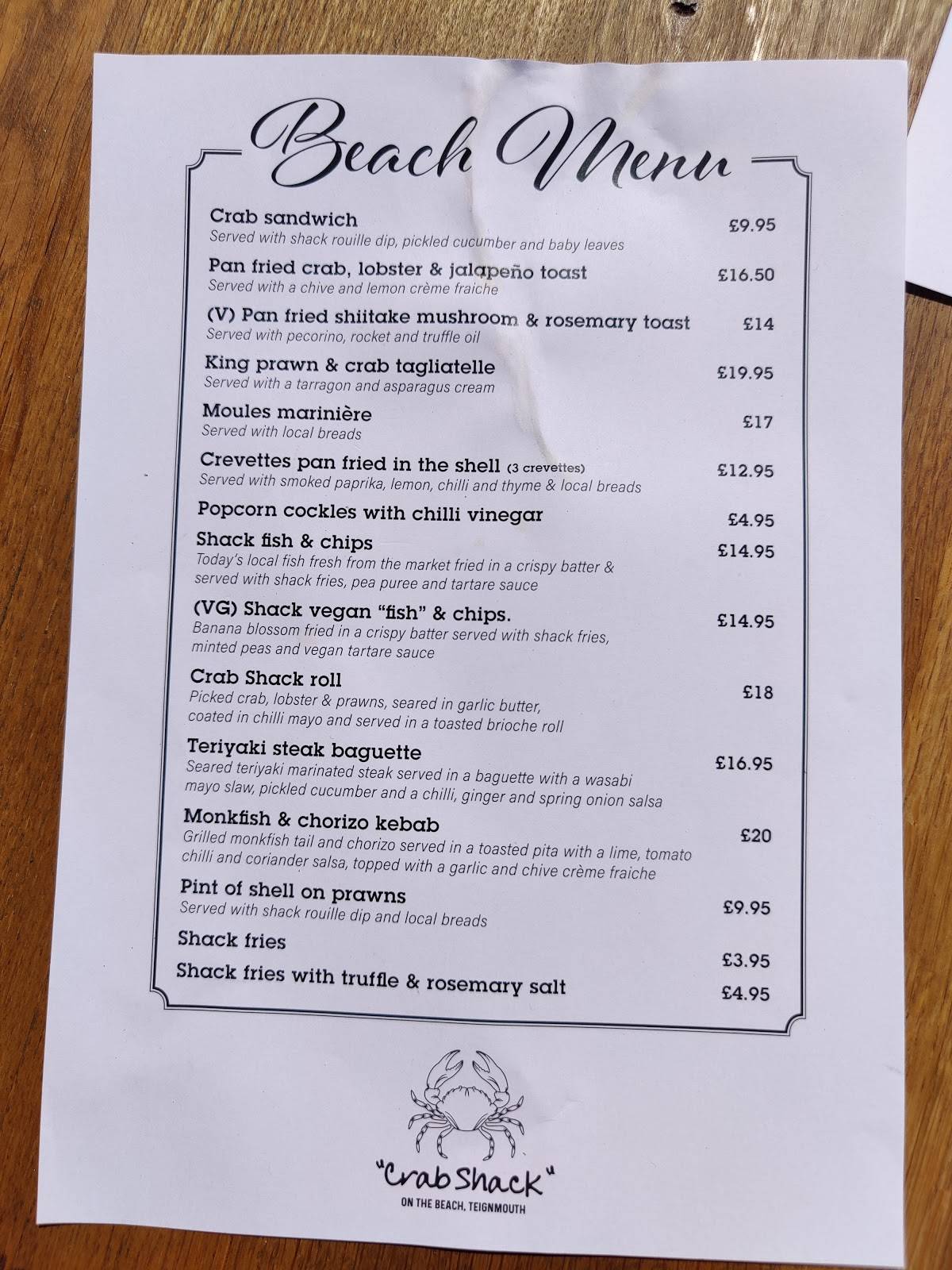 Menu at Crab Shack restaurant, Teignmouth