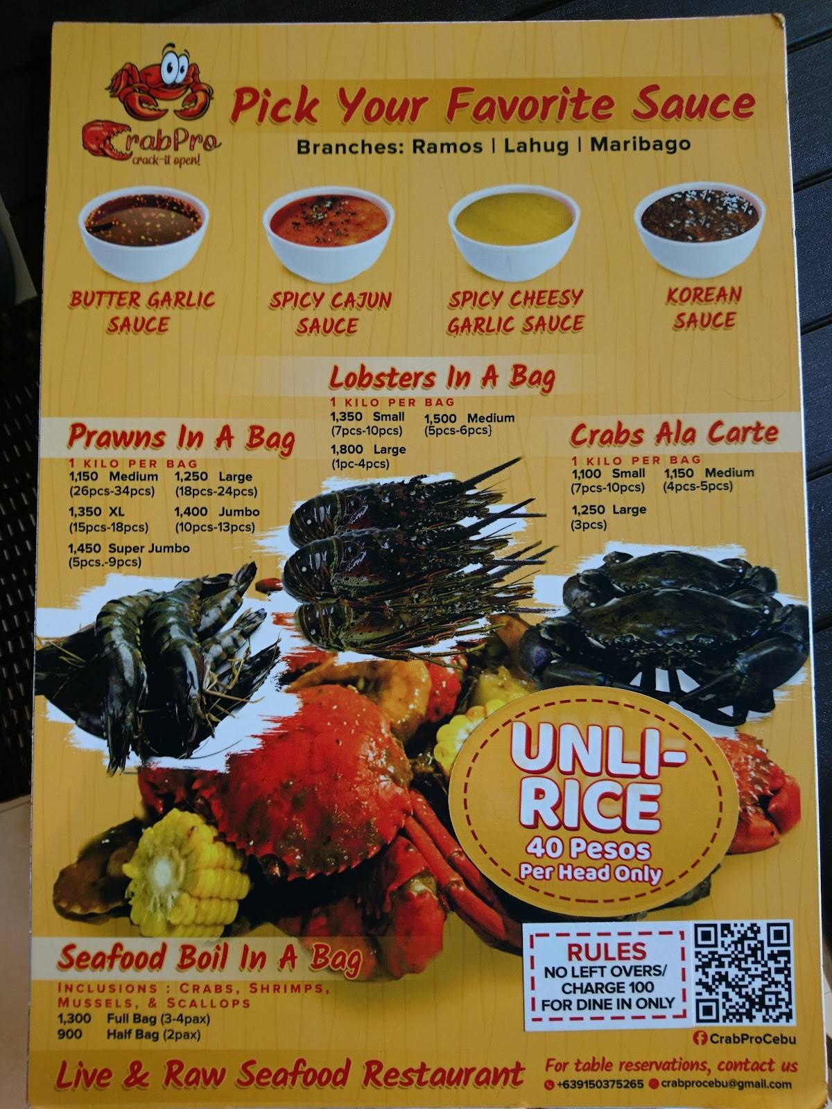Carta del restaurante CrabPro - Apas, Cebú