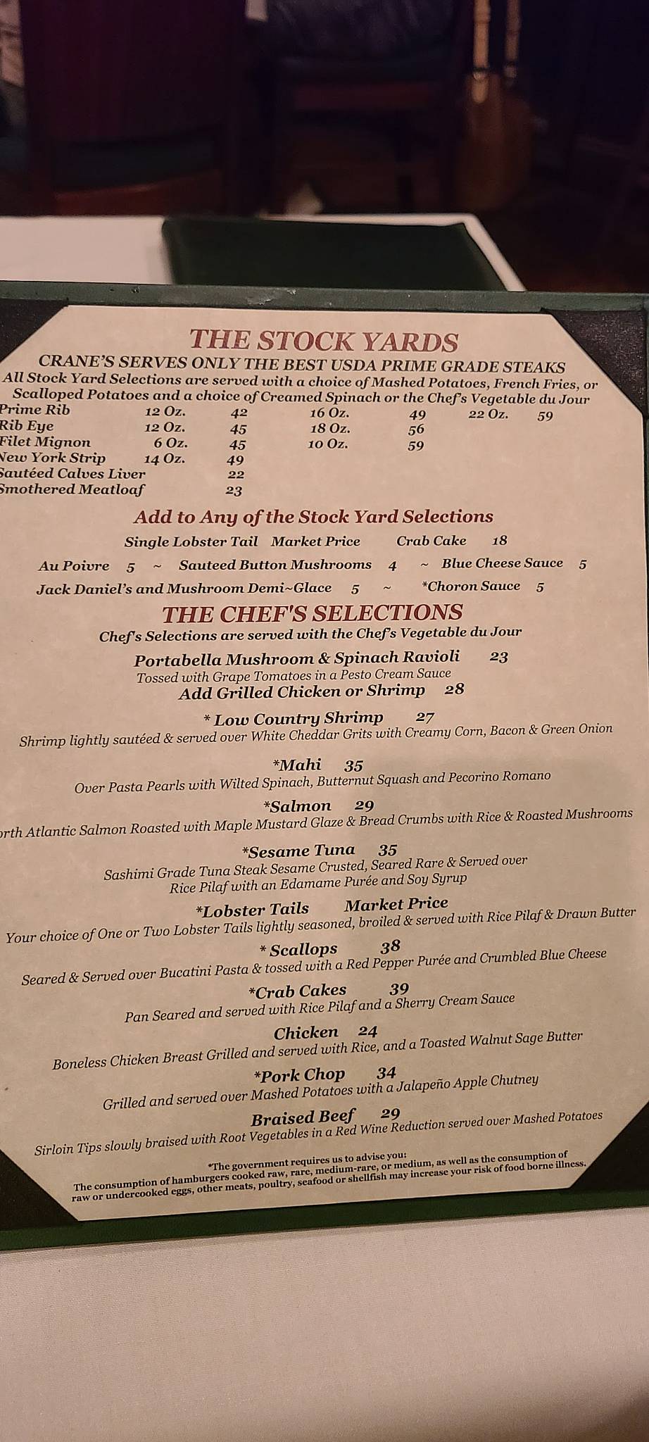 Menu at Crane's Tavern & Steakhouse, Hilton Head Island