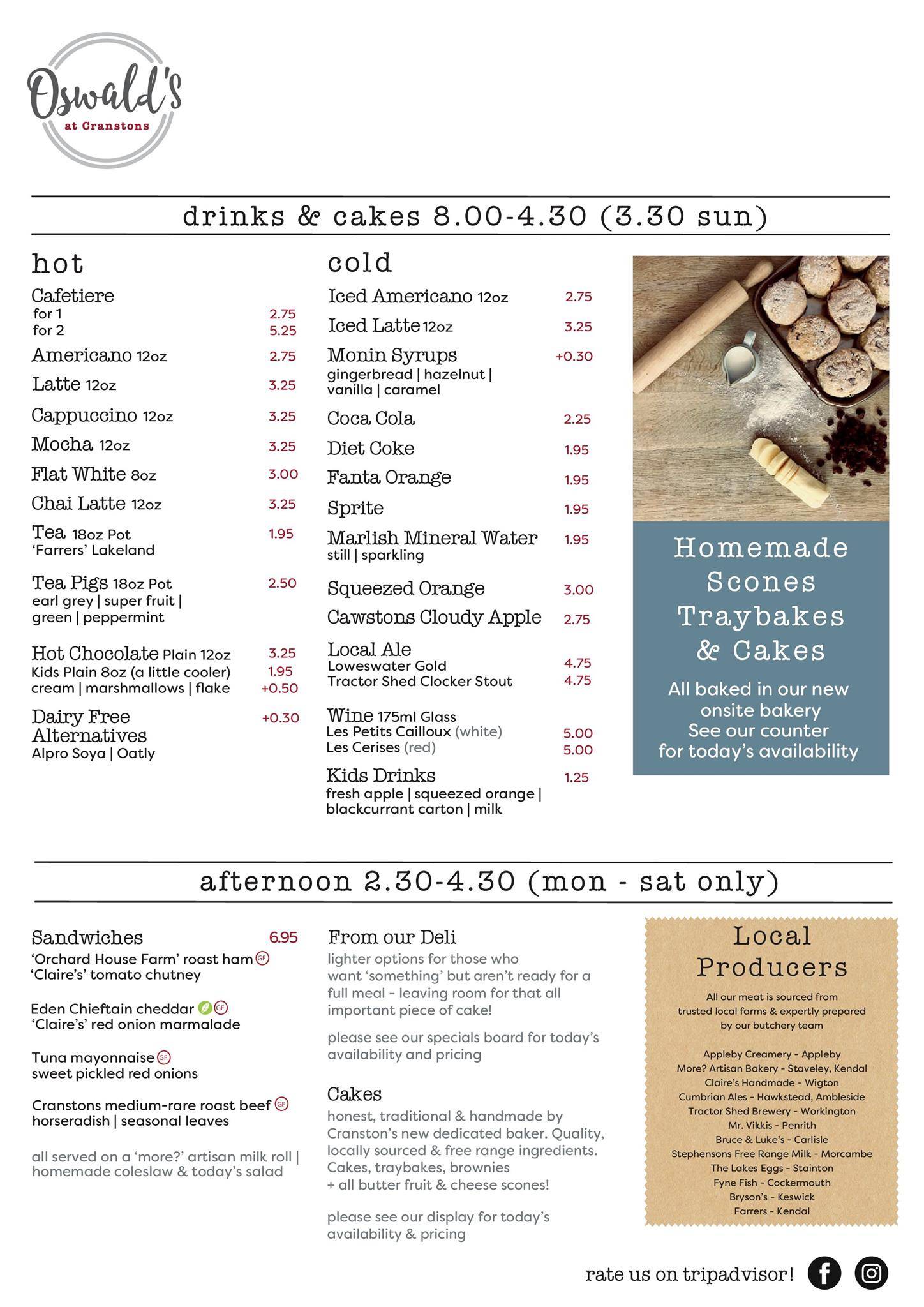 Menu at Cranstons Cumbrian Foodhall & Café Oswald’s cafe, Penrith