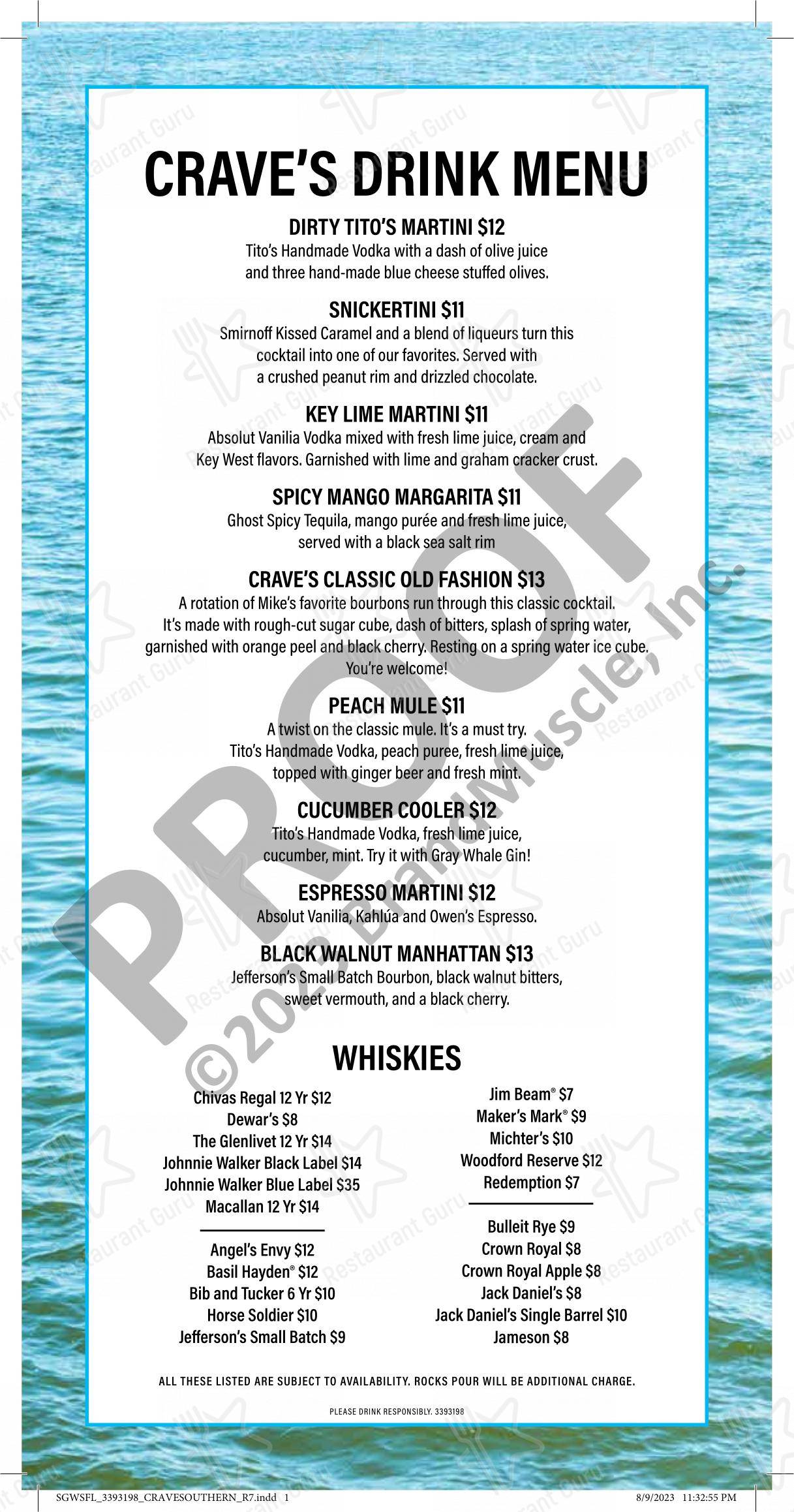 Menu at Crave's Coastal Kitchen & Cocktails pub & bar, Flagler Beach