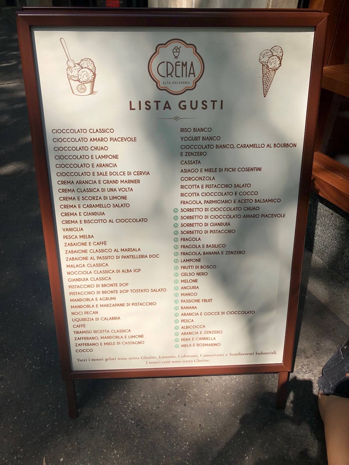 Menu at CREMA Alta Gelateria, Milan, Piazza Napoli