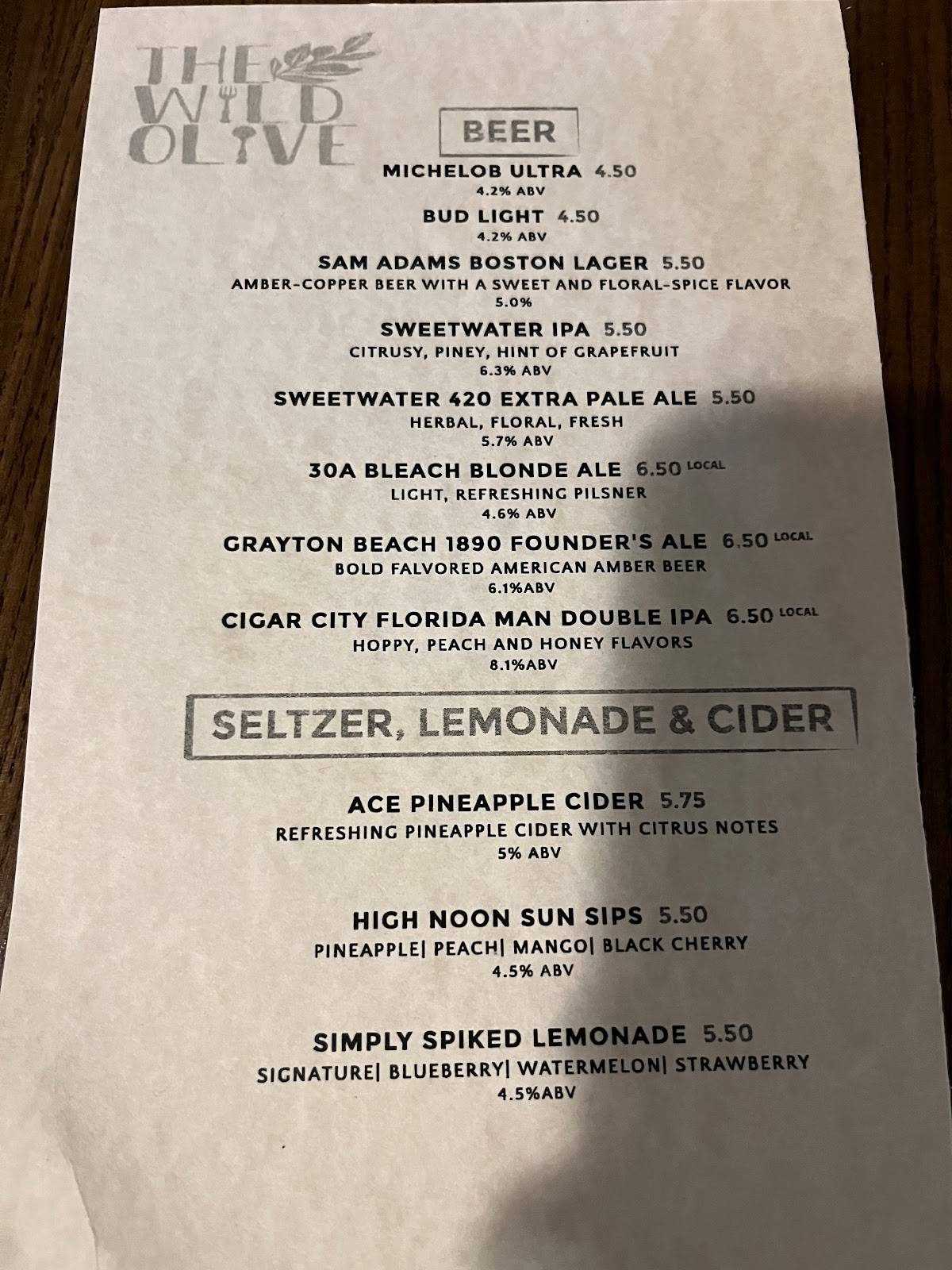 Menu at Wild Olive restaurant, Crestview