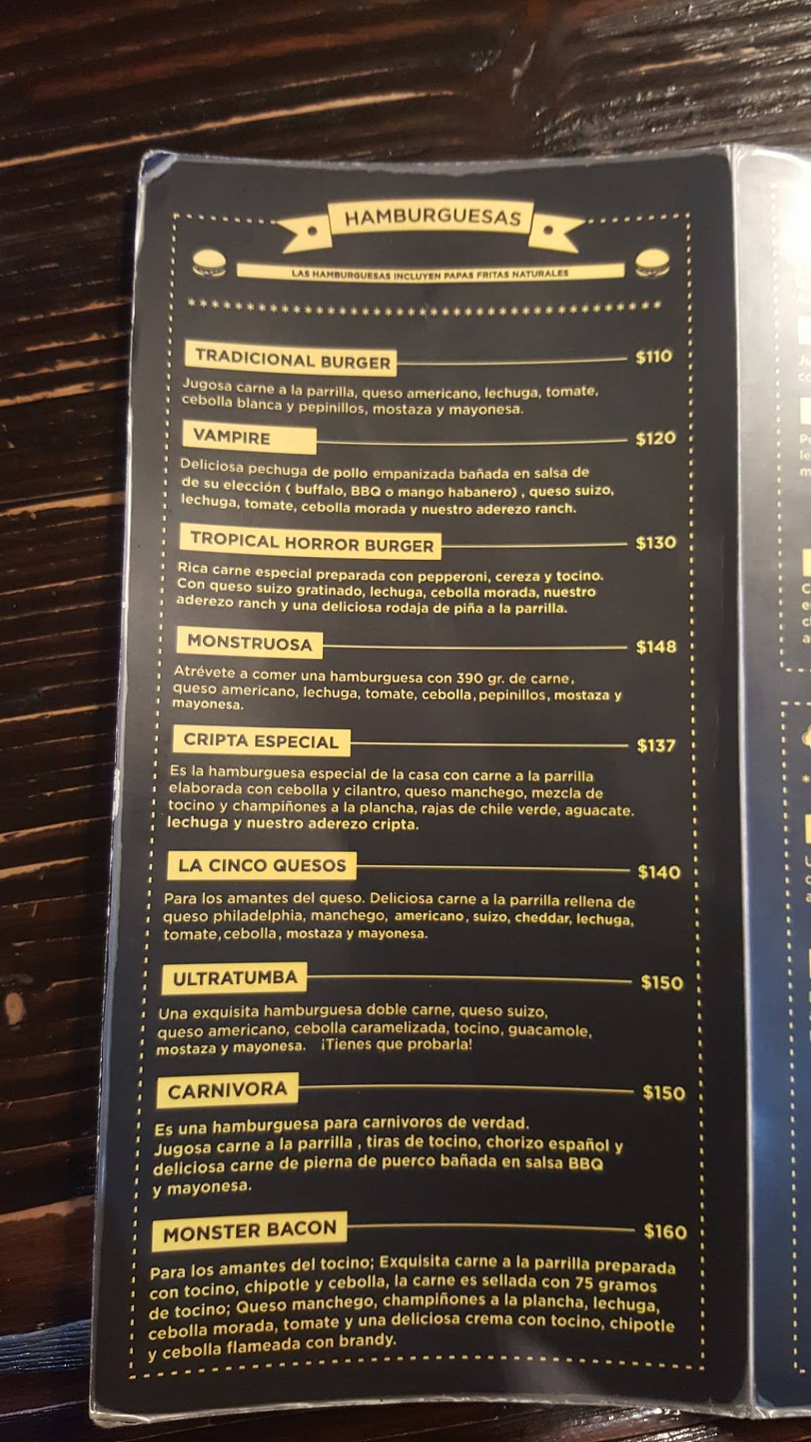 Carta del restaurante Cripta Burger, Mexicali, Calz. Justo Sierra s/n