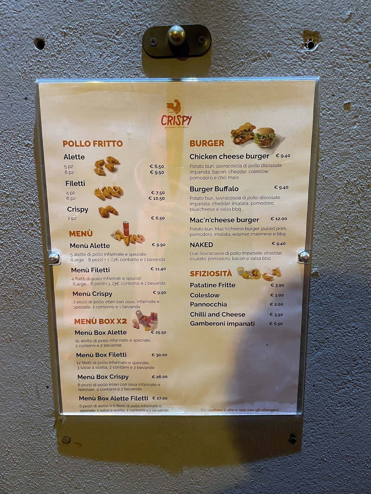 Menu at Crispy restaurant, Trieste, Via Luigi Cadorna