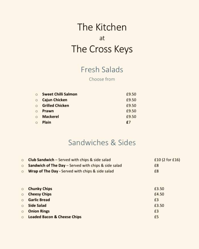 Menu at Cross Keys pub & bar, Burbage, Hinckley Rd