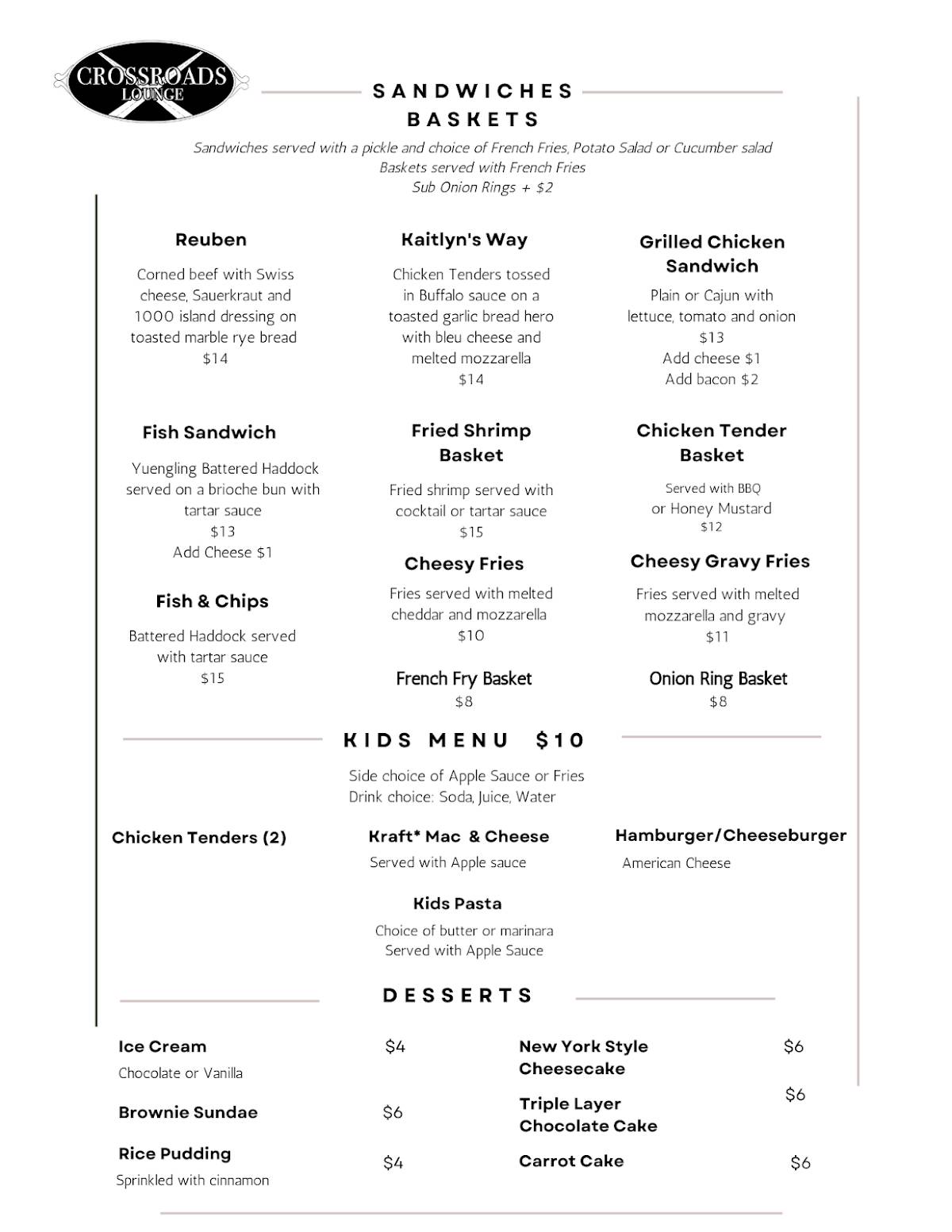 Menu at Crossroads Restaurant, Yulan, 2 Beaver Brook Rd