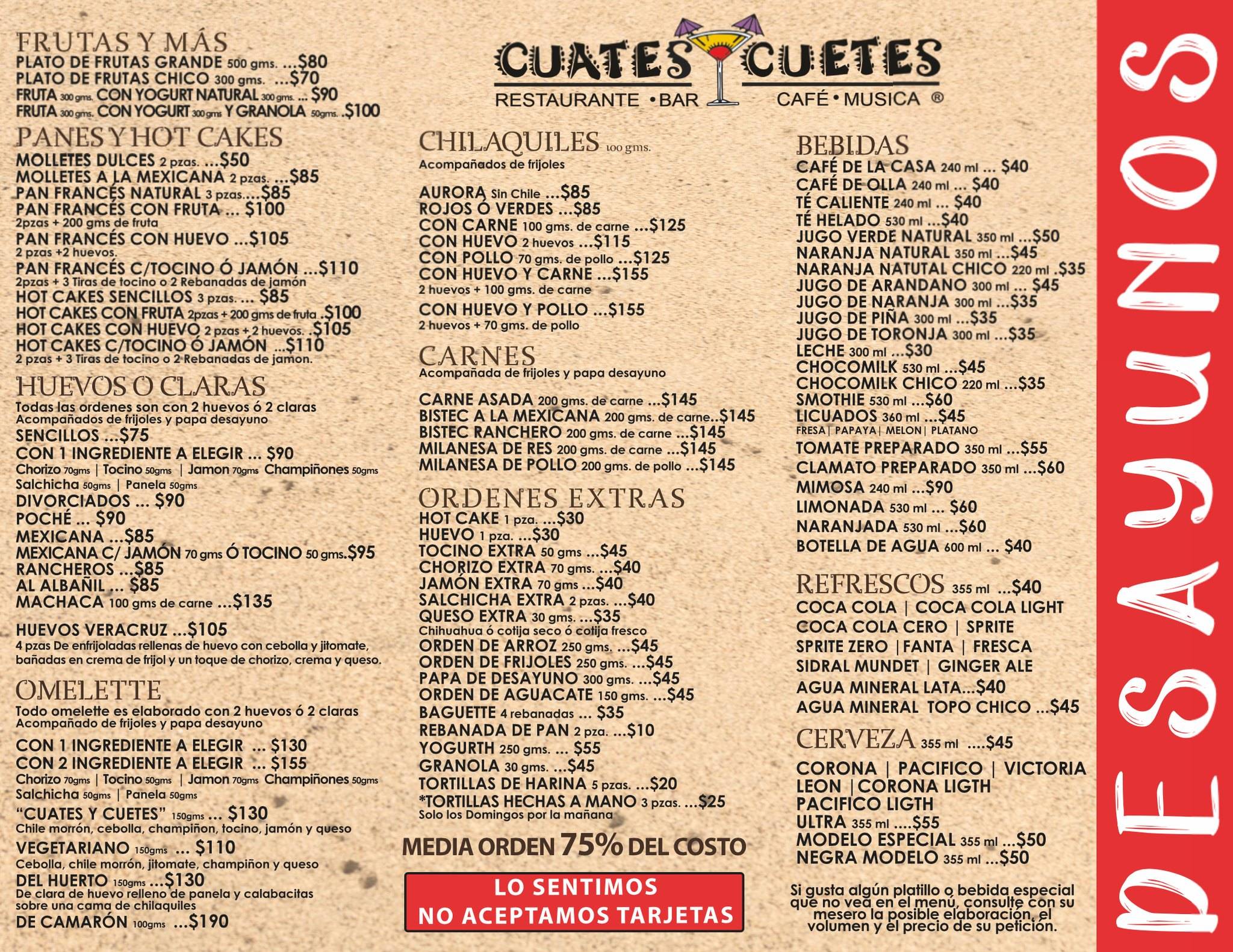 Menu at Cuates y Cuetes restaurant, Puerto Vallarta